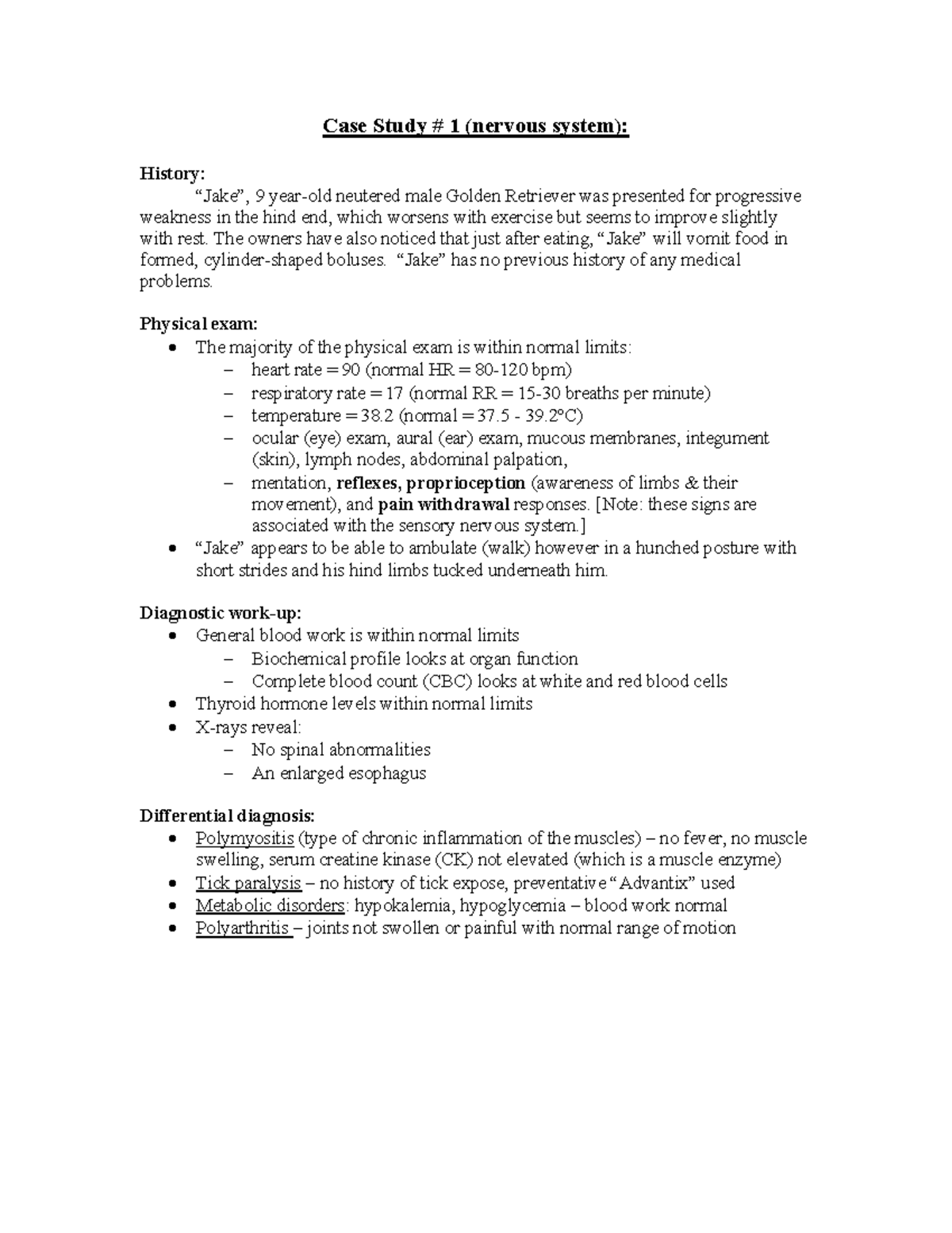 ANSC 3080 Case Study: Nervous & Cardiovascular Systems Analysis - Studocu