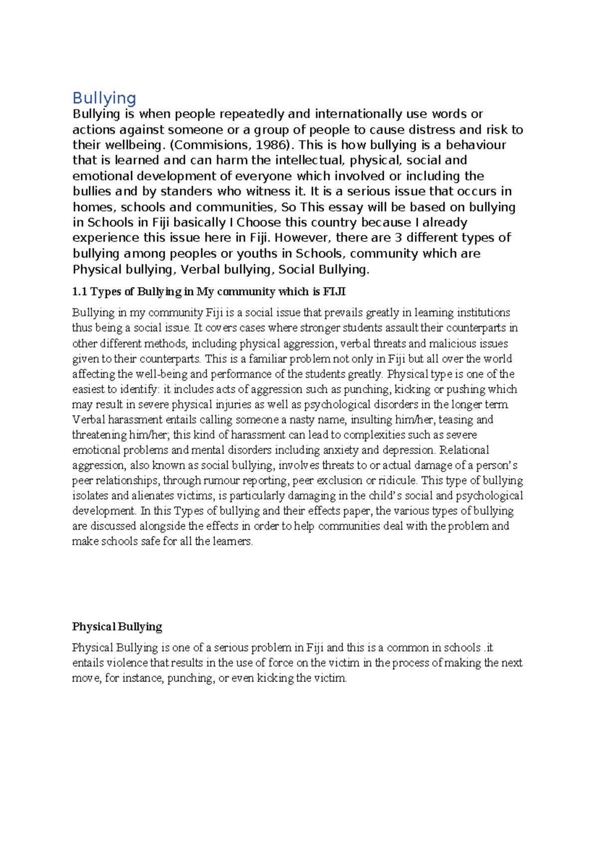 Extended Essay on Bullying in Schools: A Case Study of Fiji (PS102 ...