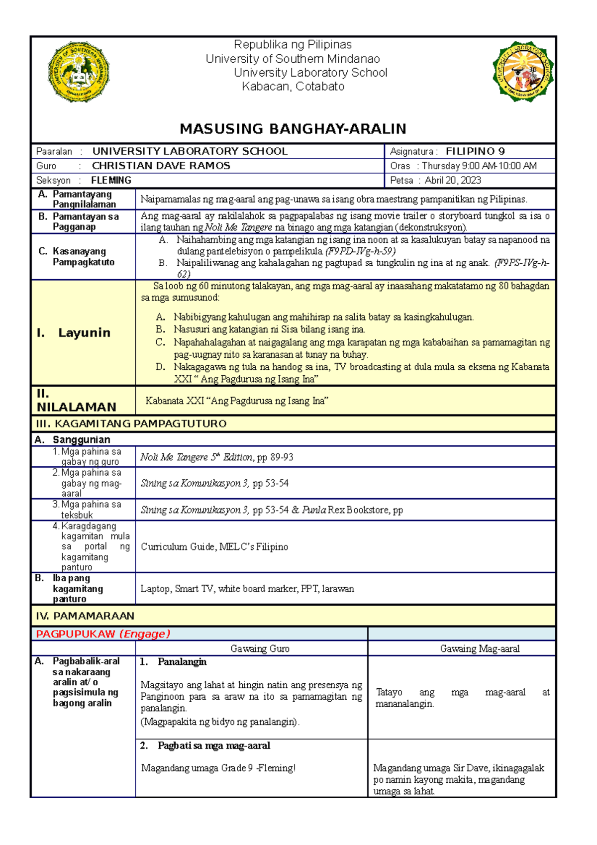 Final Lesson Plan for Kabanata 21: "Ang Pagdurusa ng Ina" - FILIPINO 9 ...