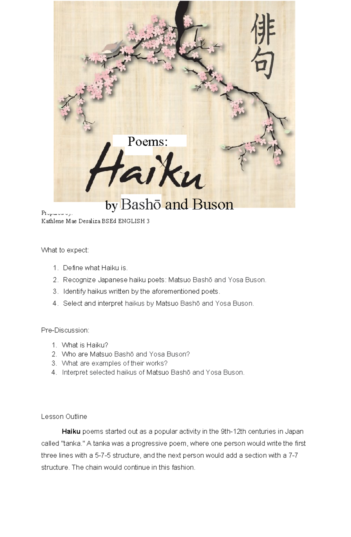 Study of Haikus by Bashō & Buson - BSEd ENGLISH 3 Lesson Notes - Studocu