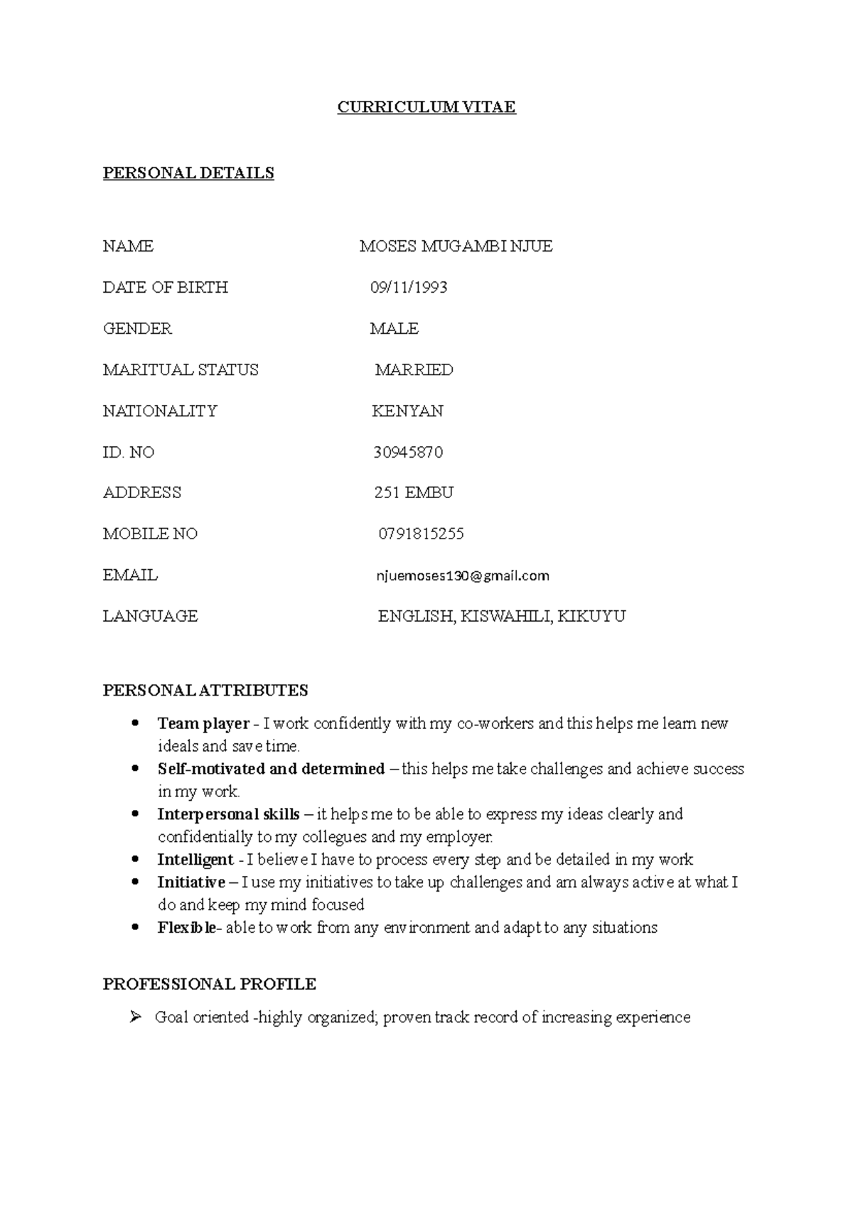 Curriculum Vitae of Moses Mugambi Njue - Detailed Profile Sample - Studocu