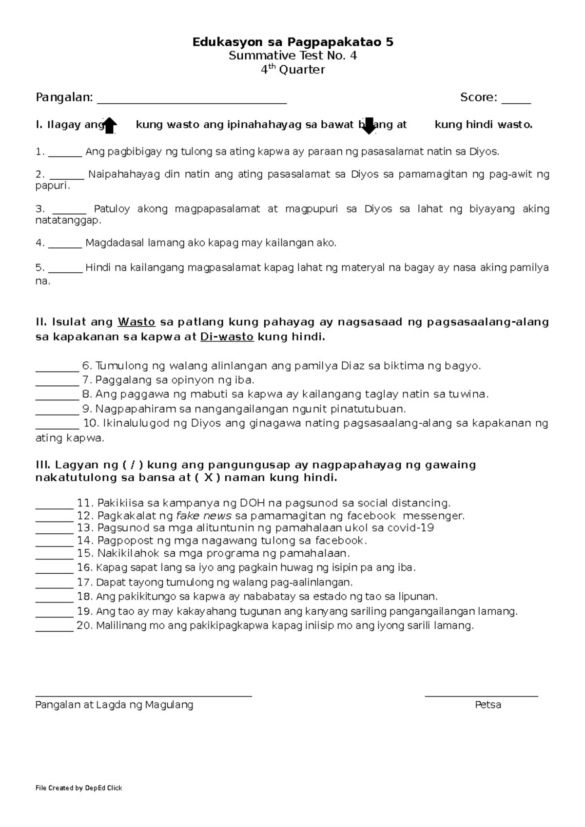 ESP5 ST4 Q4 - Quiz - Edukasyon sa Pagpapakatao 5 Summative Test No. 4 4 ...