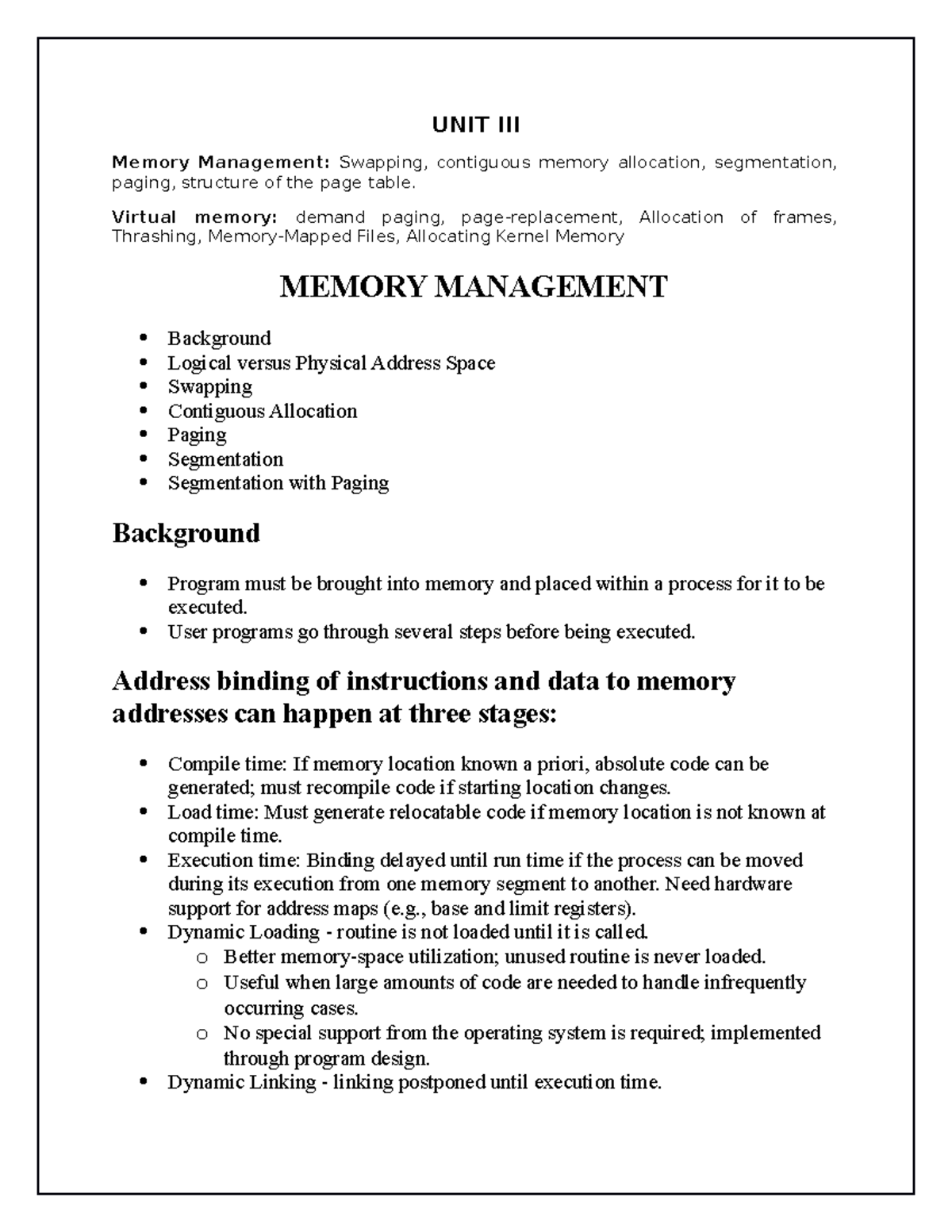 Memory Management Concepts in OS - OS-UNIT-III Overview - Studocu