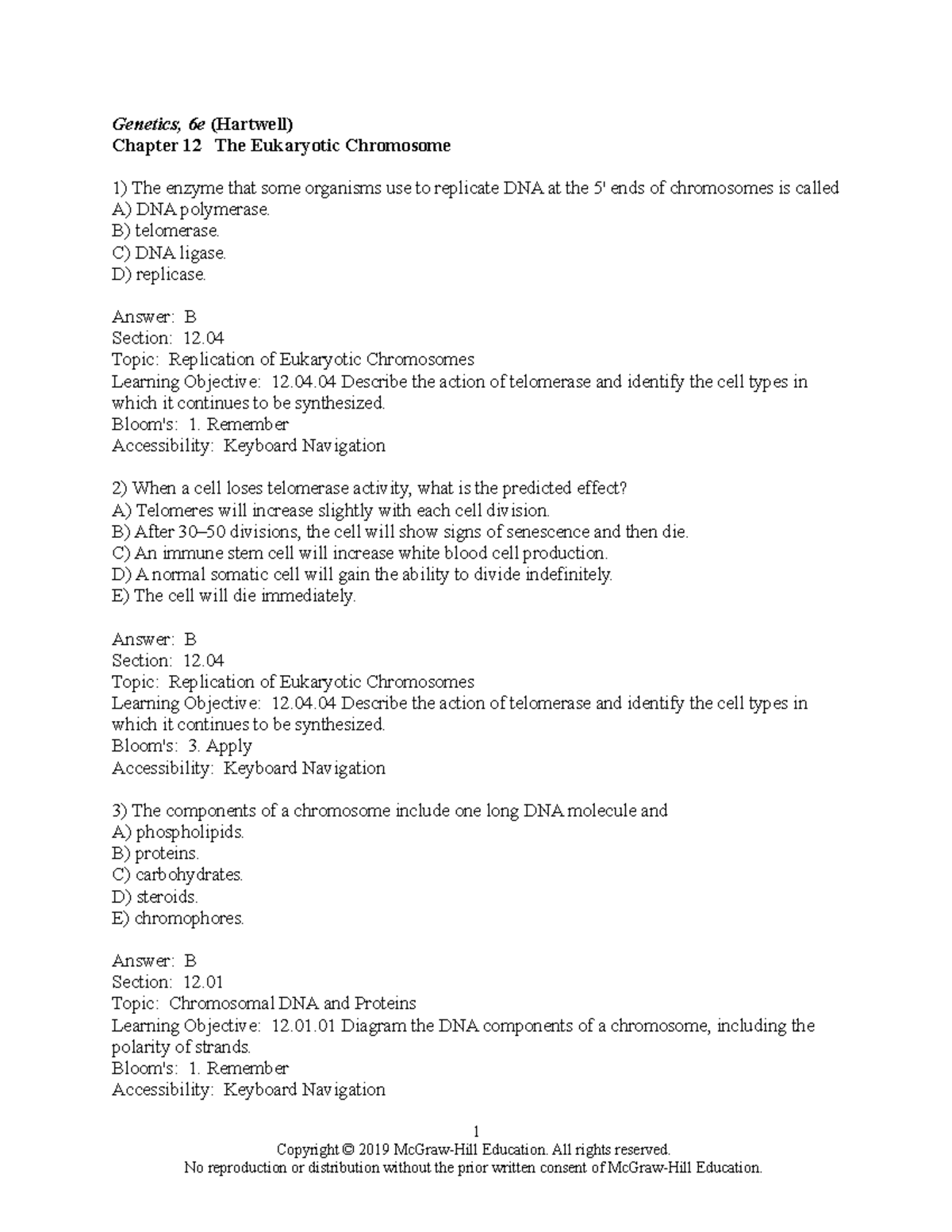Genetics 6e (Hartwell) Chapter 12 Eukaryotic Chromosome Answer Key ...