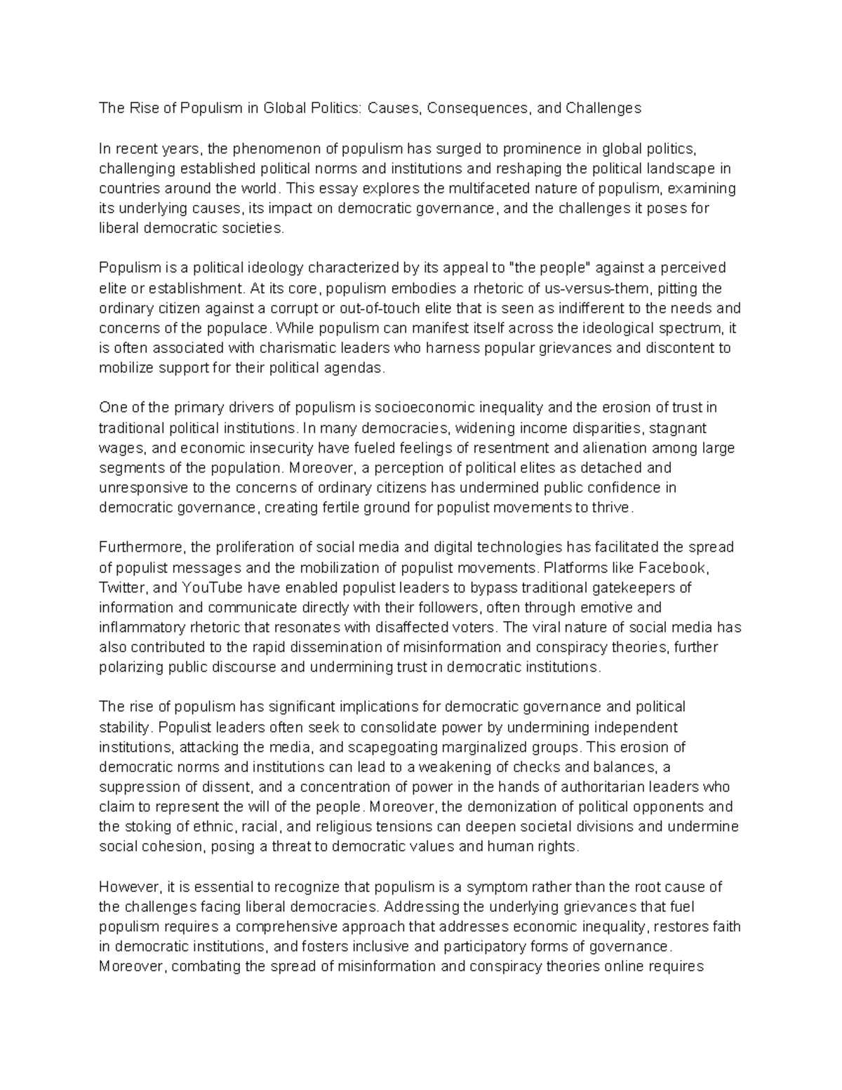 Populism in Global Politics: Causes, Effects, and Challenges - Studocu