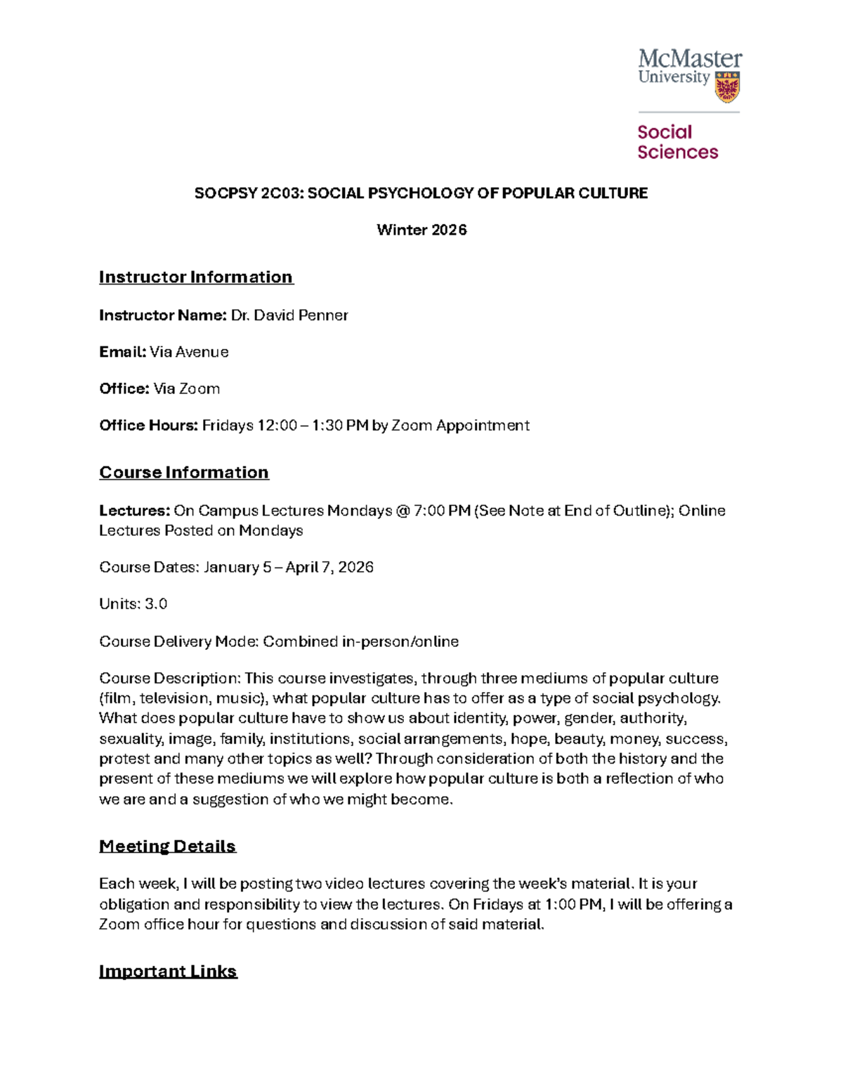 SOCPSY 2C03: Social Psychology of Popular Culture - Winter 2026 - Studocu