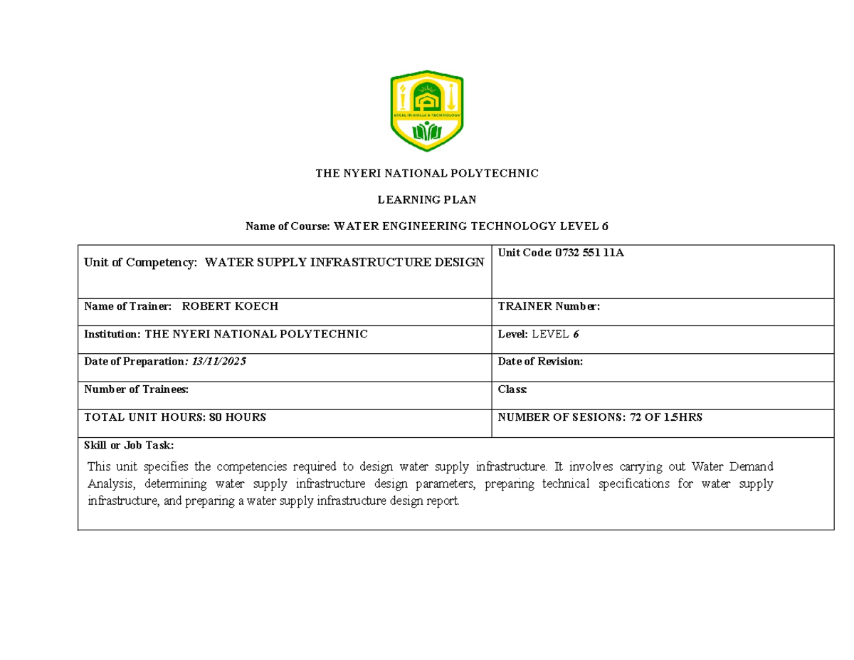 Water Engineering Technology Level 6: Water Supply Infrastructure ...