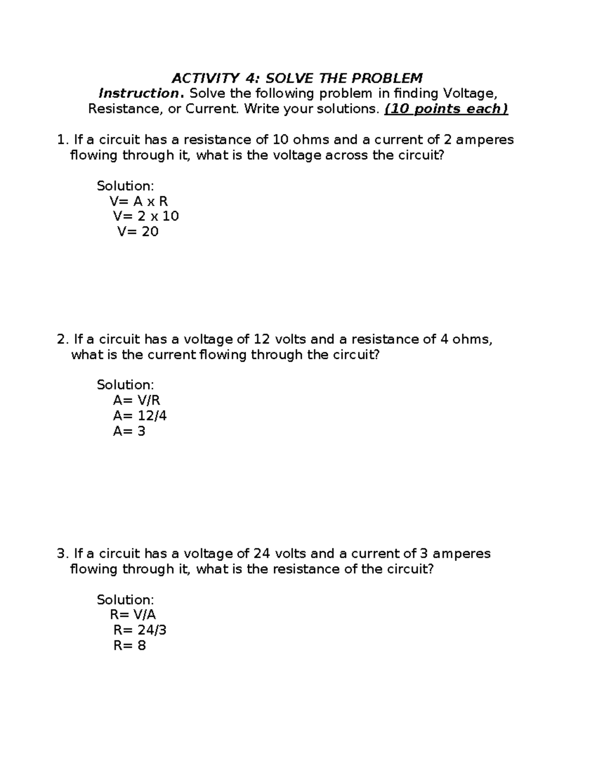 ACTIVITY 4: SOLVE FOR VOLTAGE, RESISTANCE, OR CURRENT - Studocu