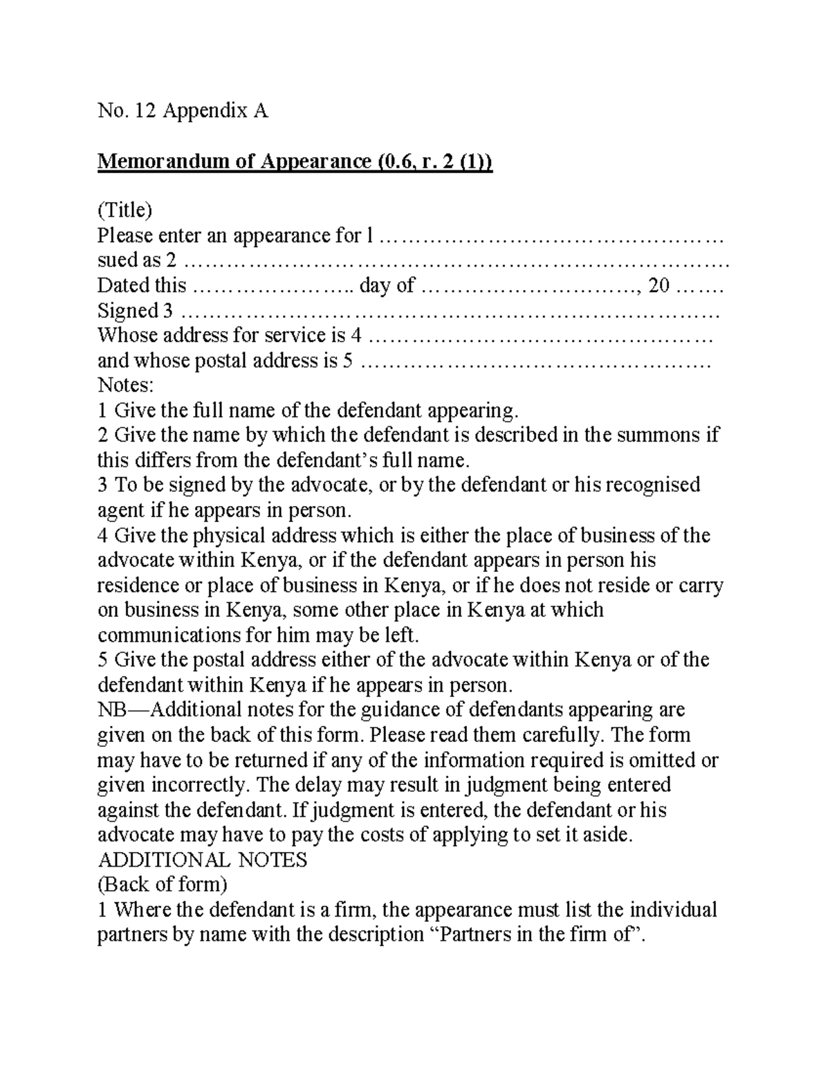 FORM 12A - Memorandum of Appearance Guidelines and Notes - Studocu
