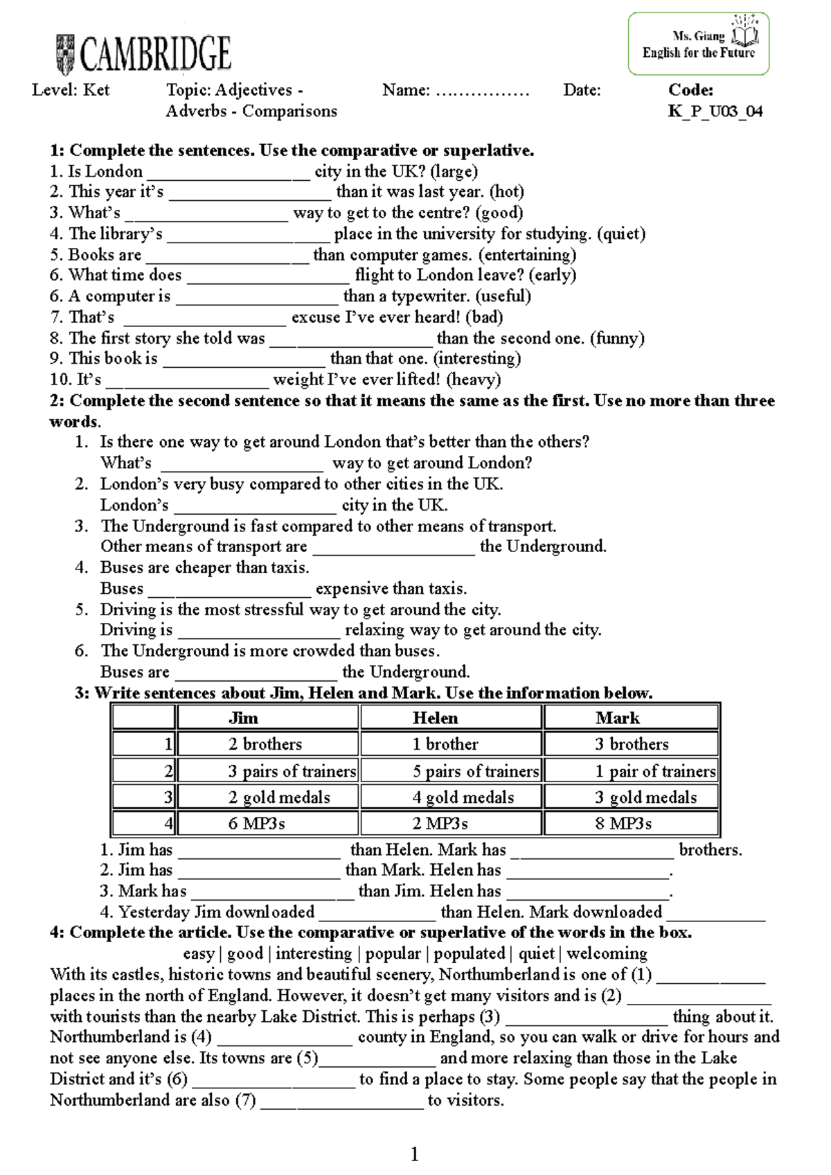 K_P_U03_Adjectives_Adverbs_Comparisons_Exercises - Studocu