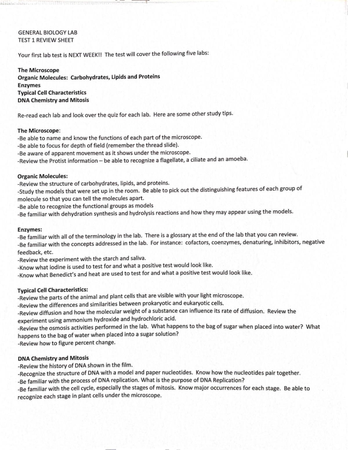 Lab test 1 review - Mark Nolen - GENERAL BIOLOGY LAB TEST 1 REVIEW ...