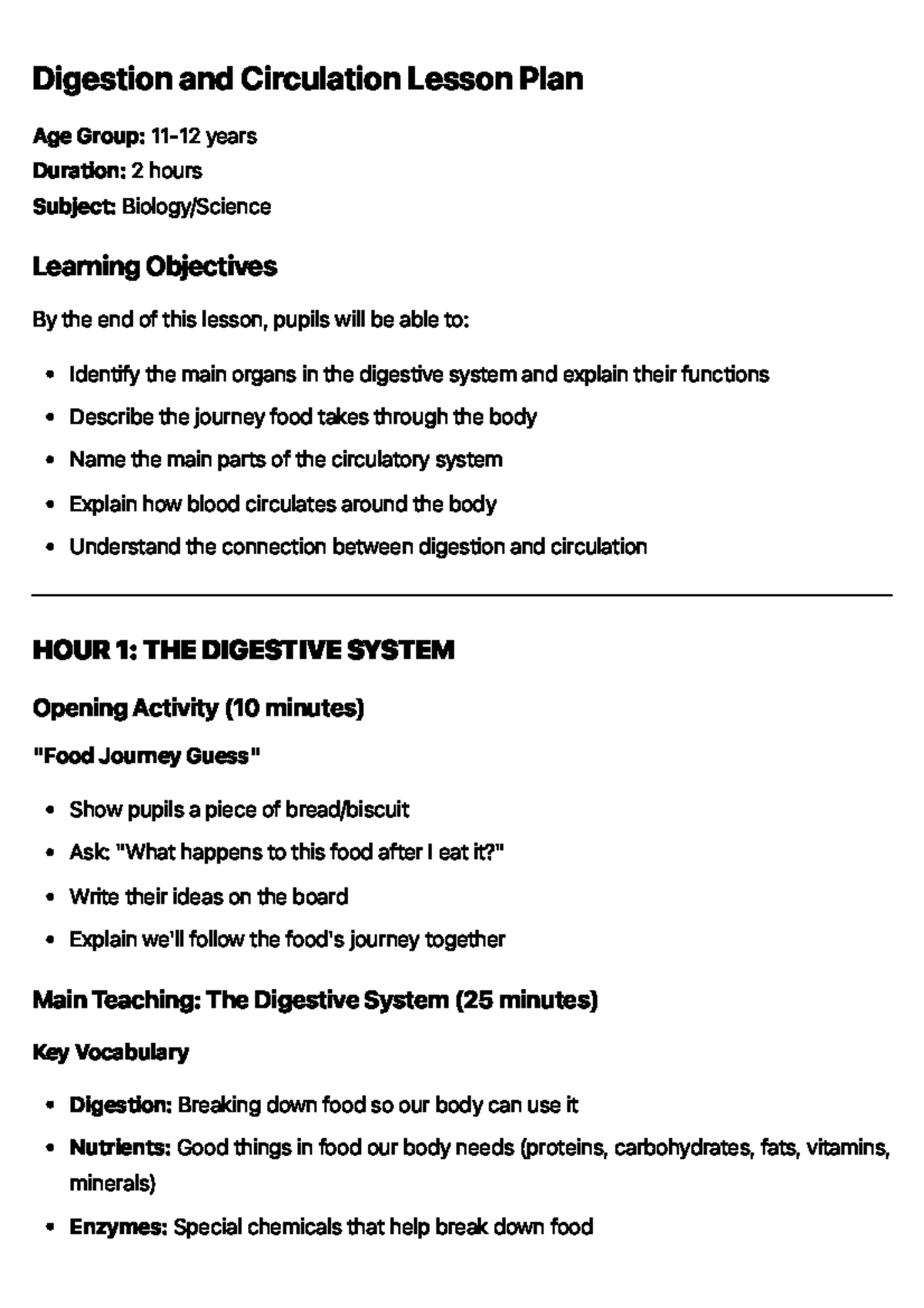 Digestion and Circulation Lesson Plan (2 Hours) for Students - Studocu