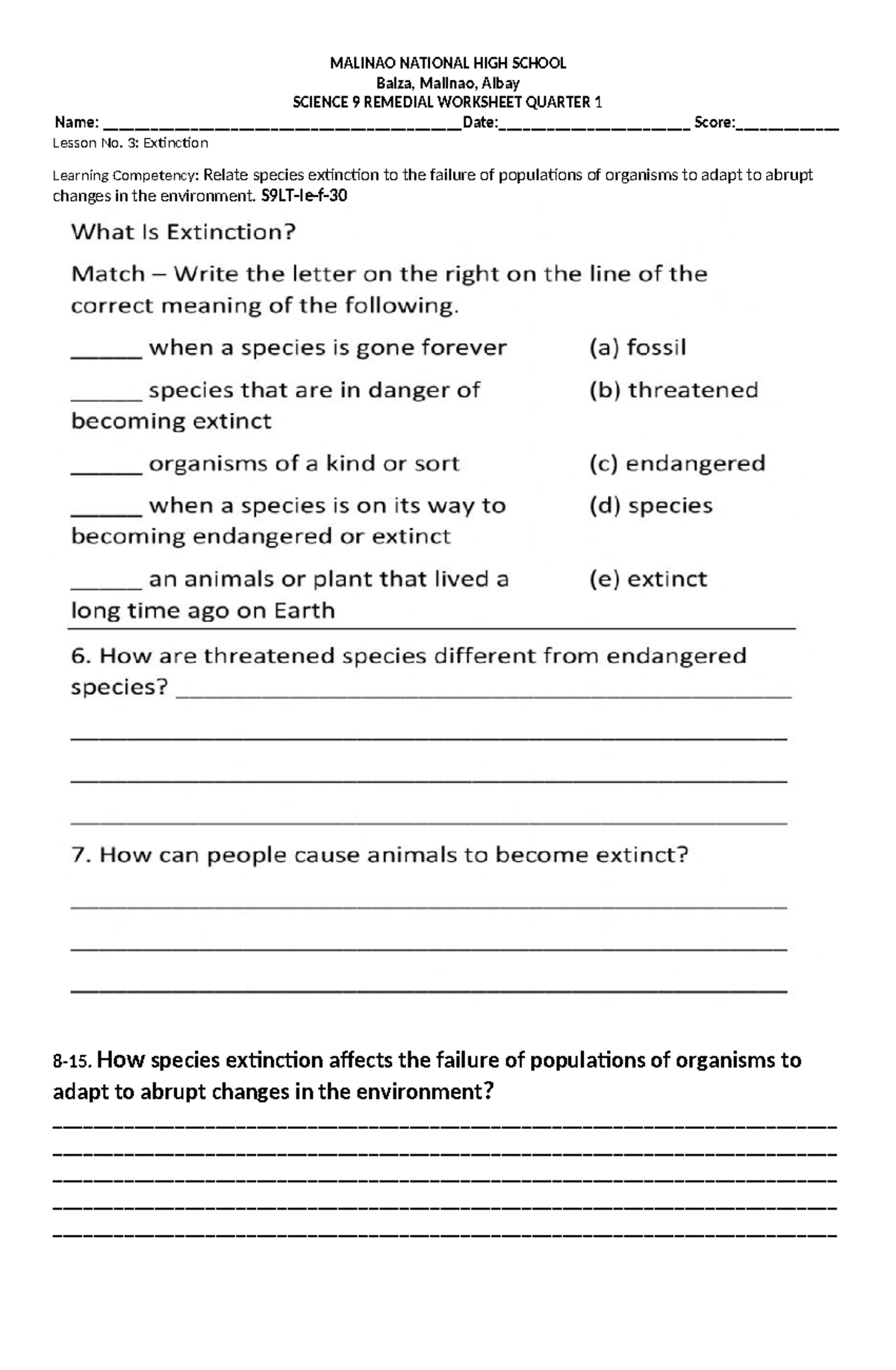 Remedial Lesson 3 Extinction - MALINAO NATIONAL HIGH SCHOOL Balza ...