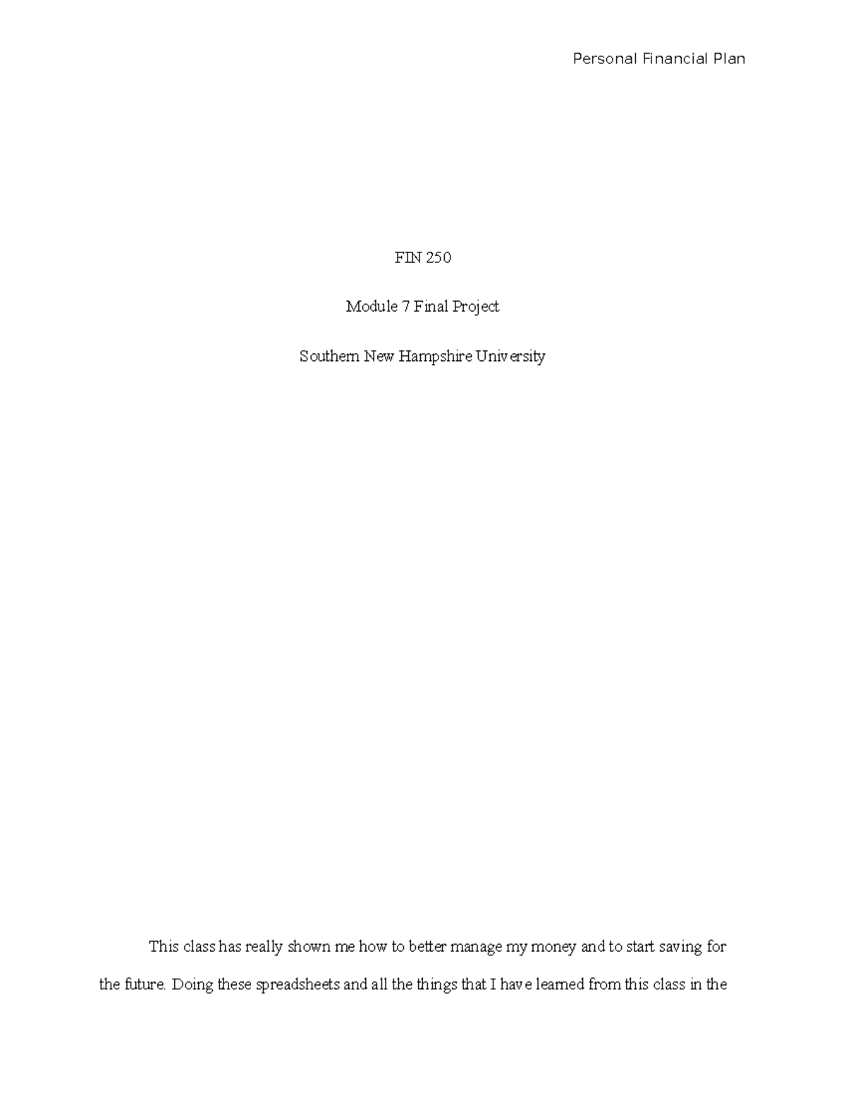 FIN 250 Module 7 Final Project: Personal Financial Plan Analysis - Studocu