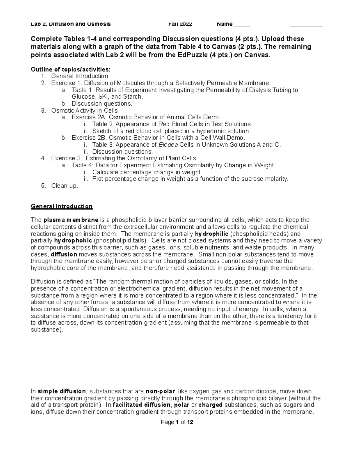 Bio Lab 2: Investigation of Diffusion and Osmosis in Cells - Studocu