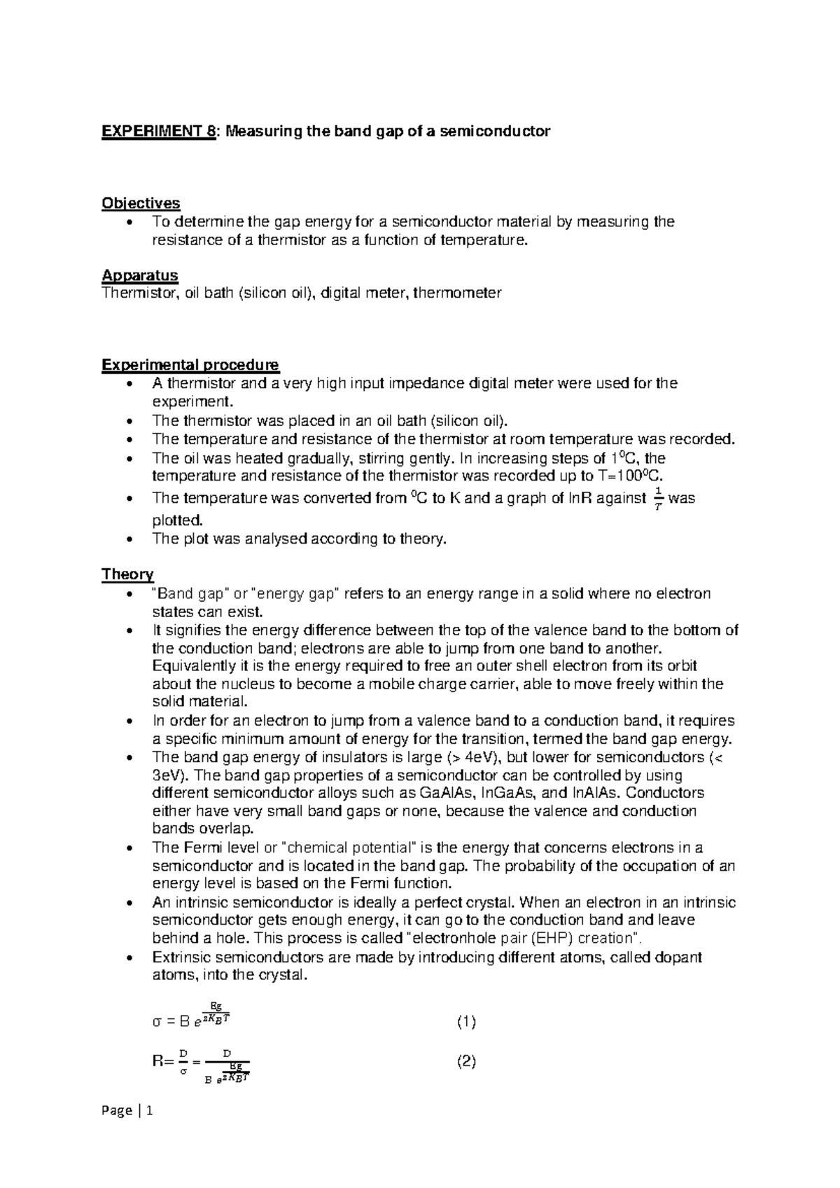 Experiment 8 Measuring the band gap of a semiconductor - Warning: TT: undefined function: 32 ...