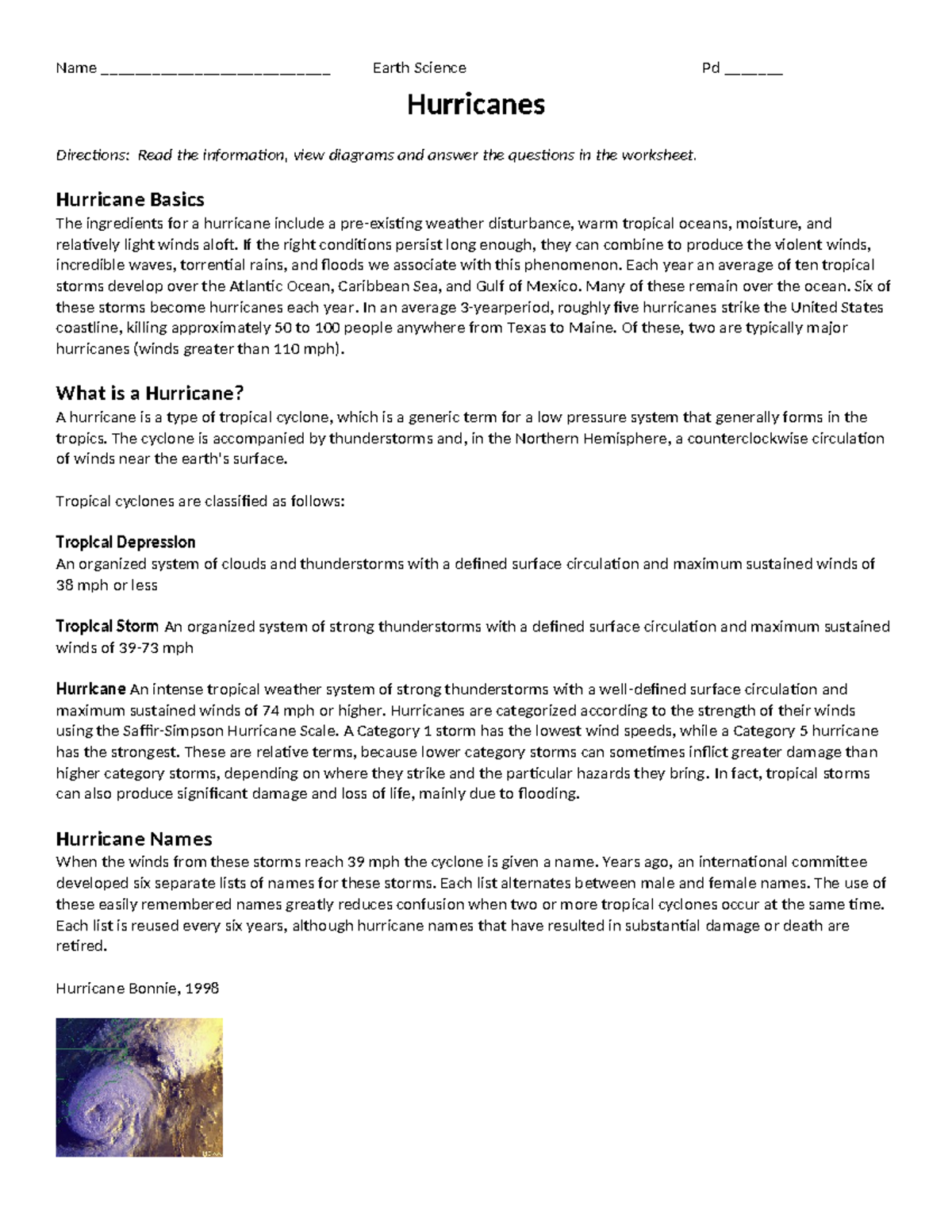 Hurricanes Overview and Impact - Earth Science Pd Worksheet - Studocu