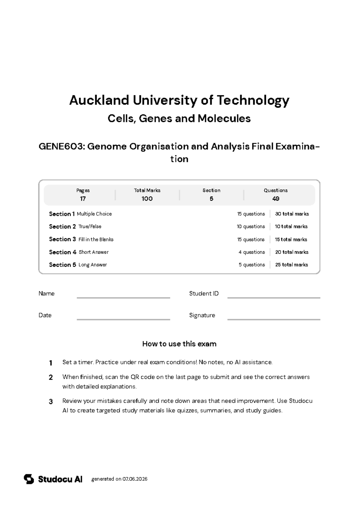 GENE603: Genome Organisation and Analysis Final Exam - Studocu