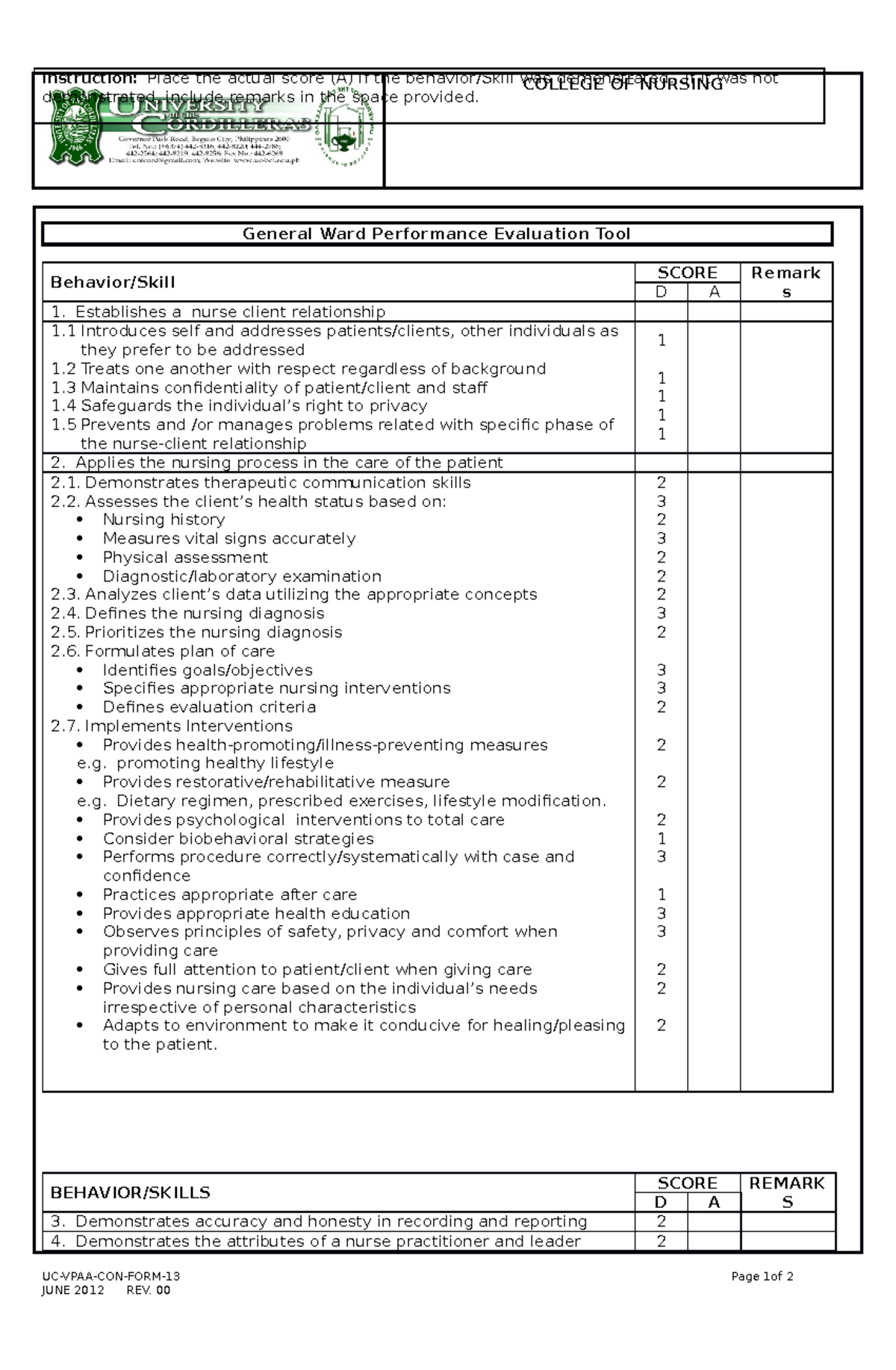 General Ward Performance Evaluation Tool for Nursing Course - Studocu