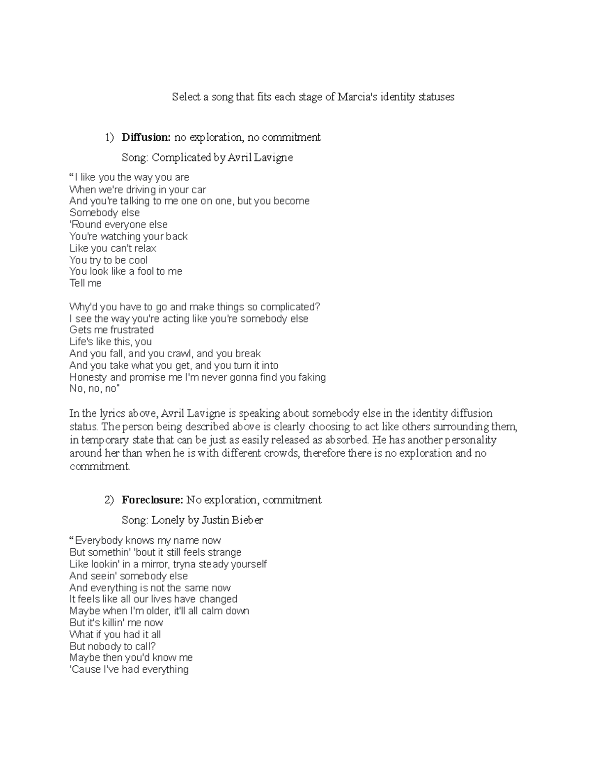 Song Assignment: Analyzing Identity Stages with Music Choices - Studocu