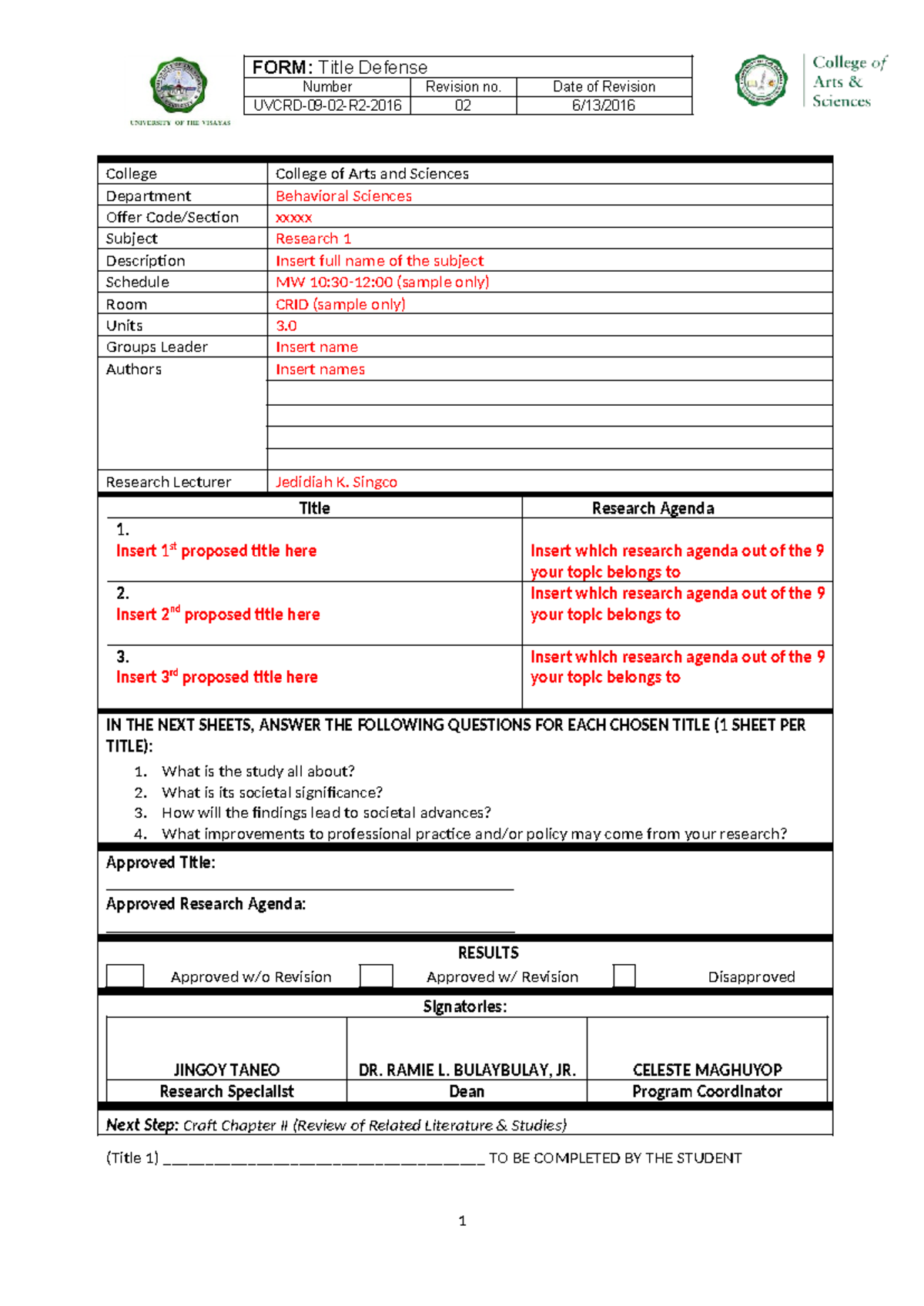 01 Title Defense Form - Research Agenda Revision No. 02 - Studocu