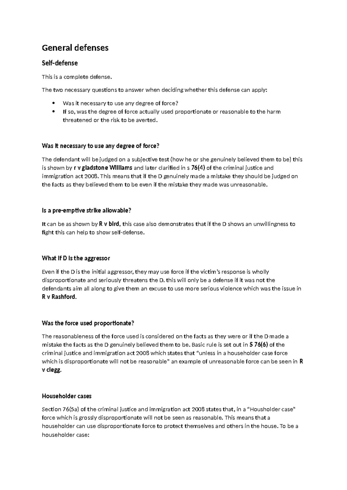 General Defenses: OCR A Level Law Notes on Self-Defense & Duress - Studocu