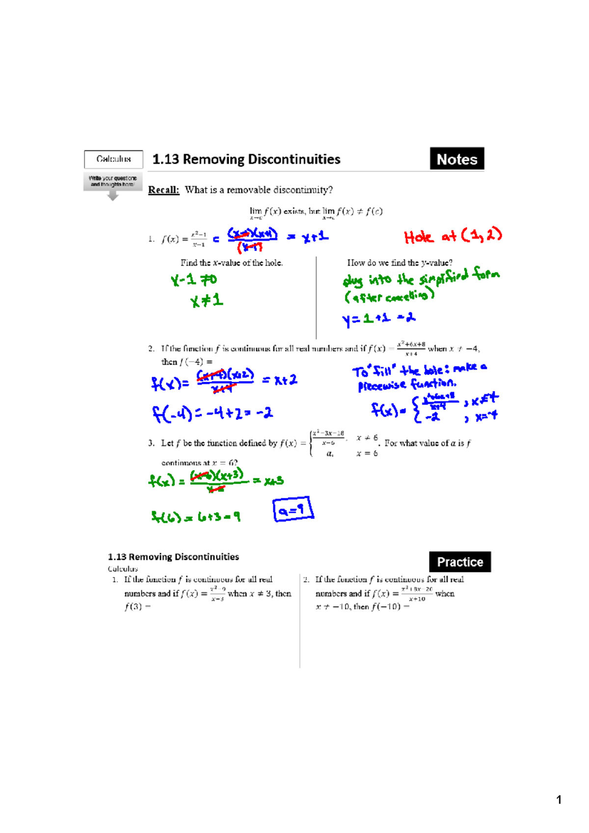 Calculus 1.13 Final Exam Notes: Removing Discontinuities - Studocu