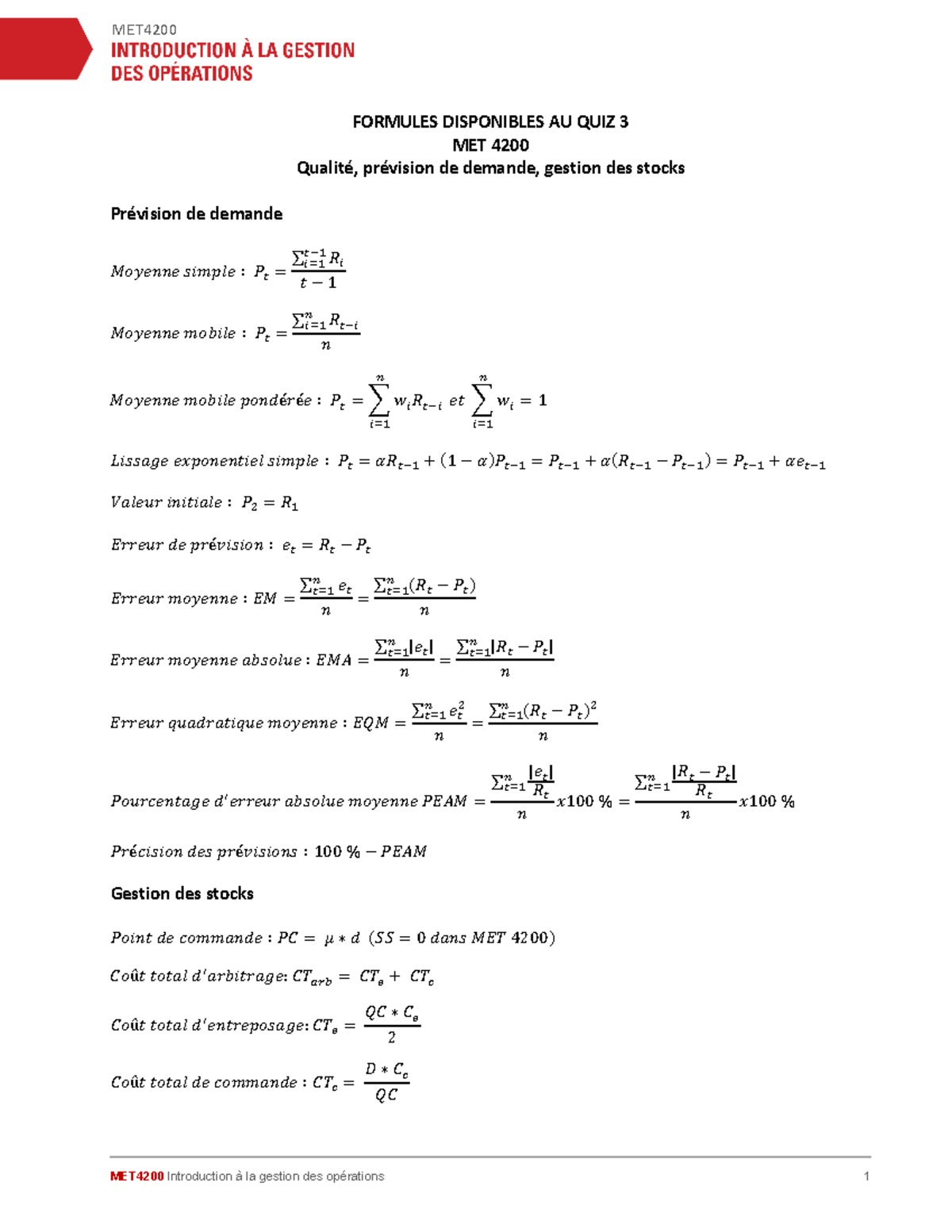 Formules quiz 3 - C’est une feuille de formule pouvant aider dans les ...