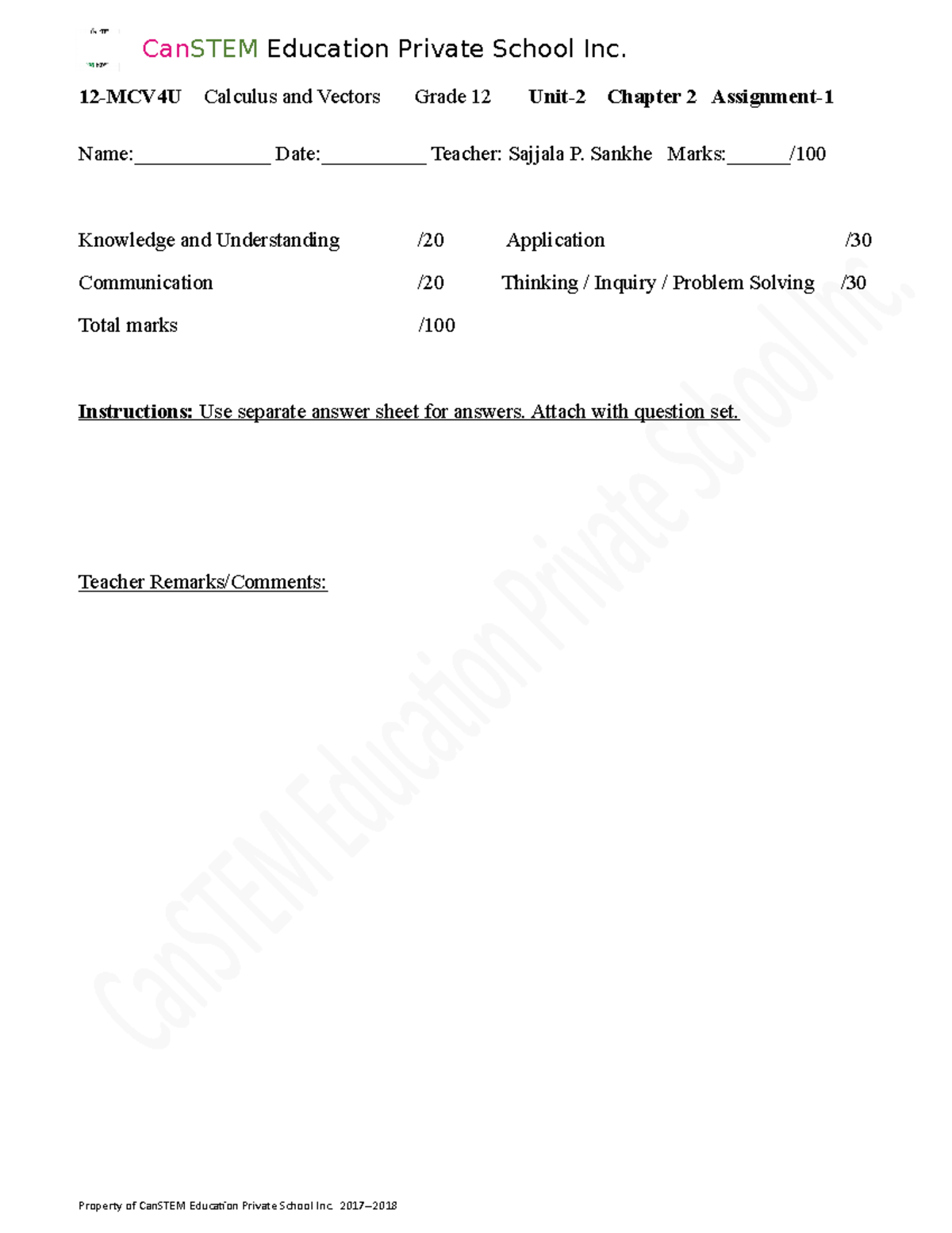 12 Unit 2 Assignment 1-Practice - 12-MCV4U Calculus and Vectors Grade ...