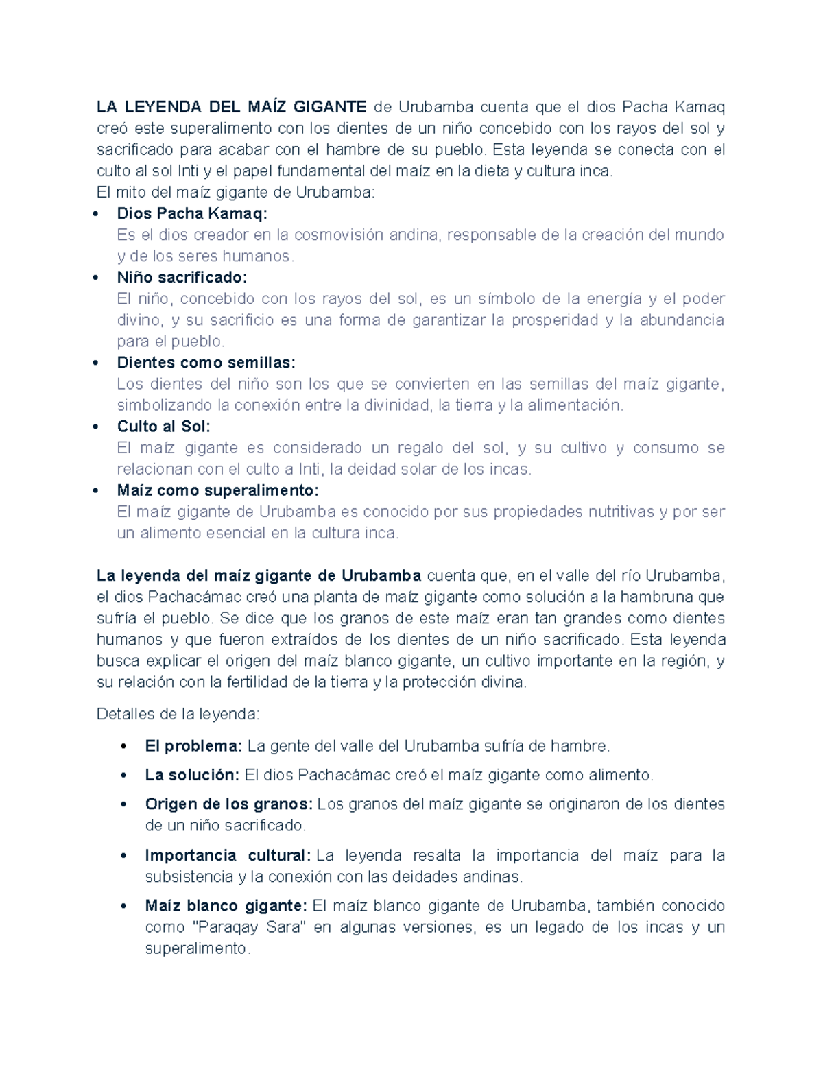 LA LEYENDA DEL MAÍZ GIGANTE DE URUBAMBA: Un Mito Andino - Studocu