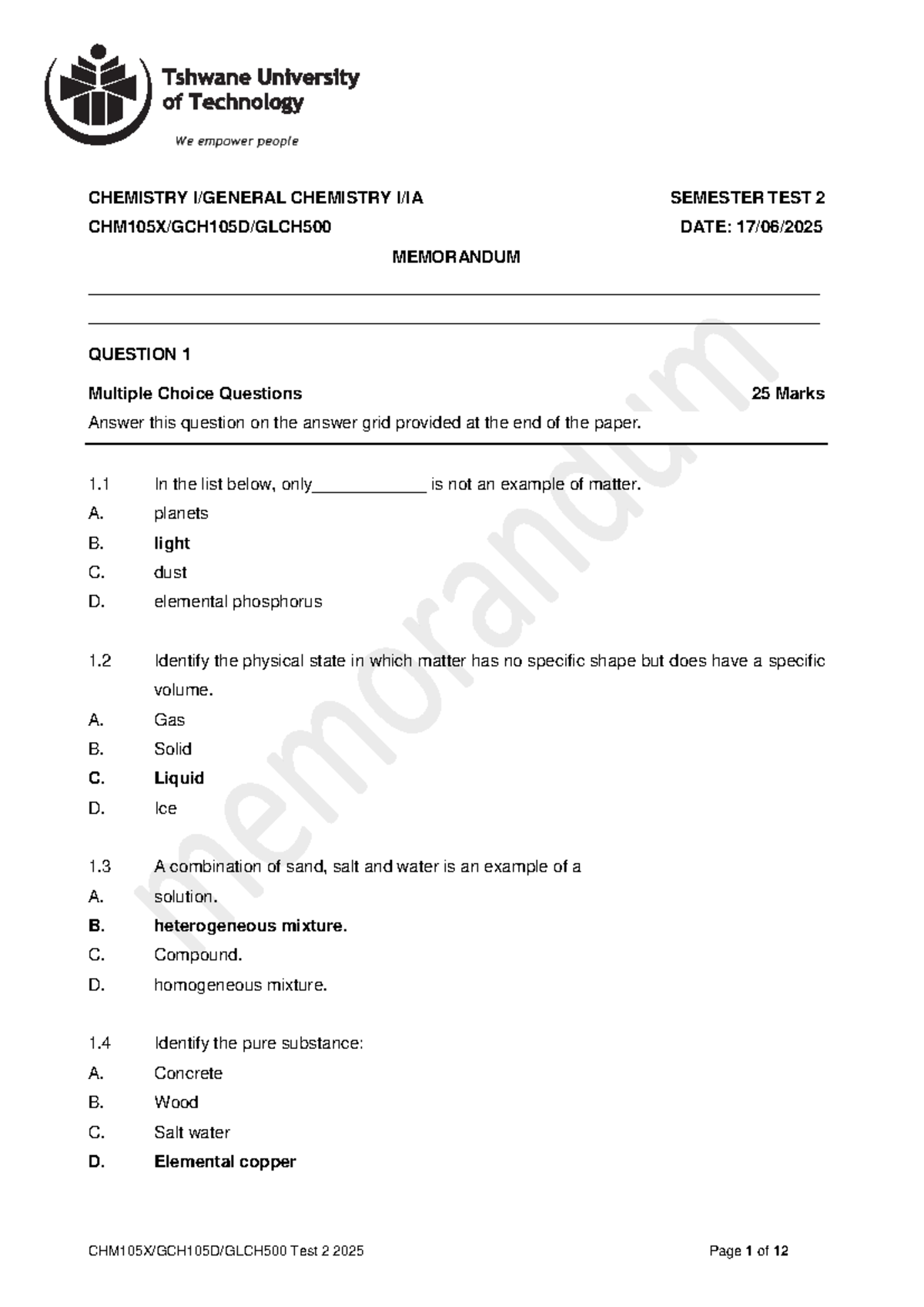 Chemistry Test 2 Memorandum 2025: Multiple Choice & Short Answers - Studocu