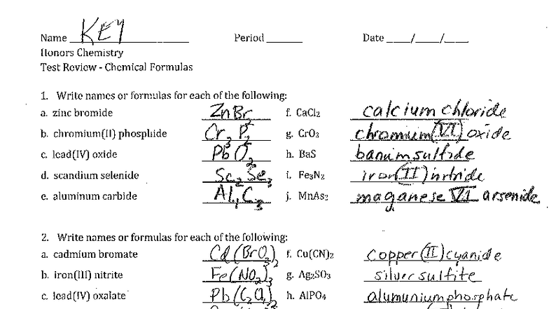 Chemical Compounds Test Review Key for Honors Chemistry (CHEM 101 ...