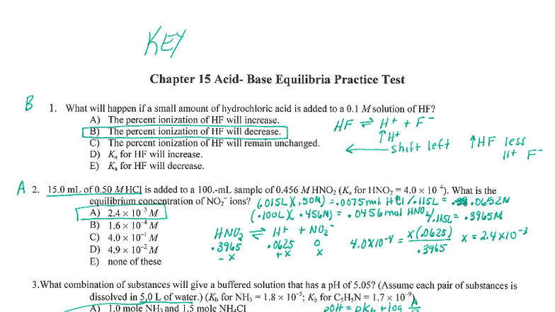 KEY CHM 101 Acid-Base Equilibria Practice Test - Studocu