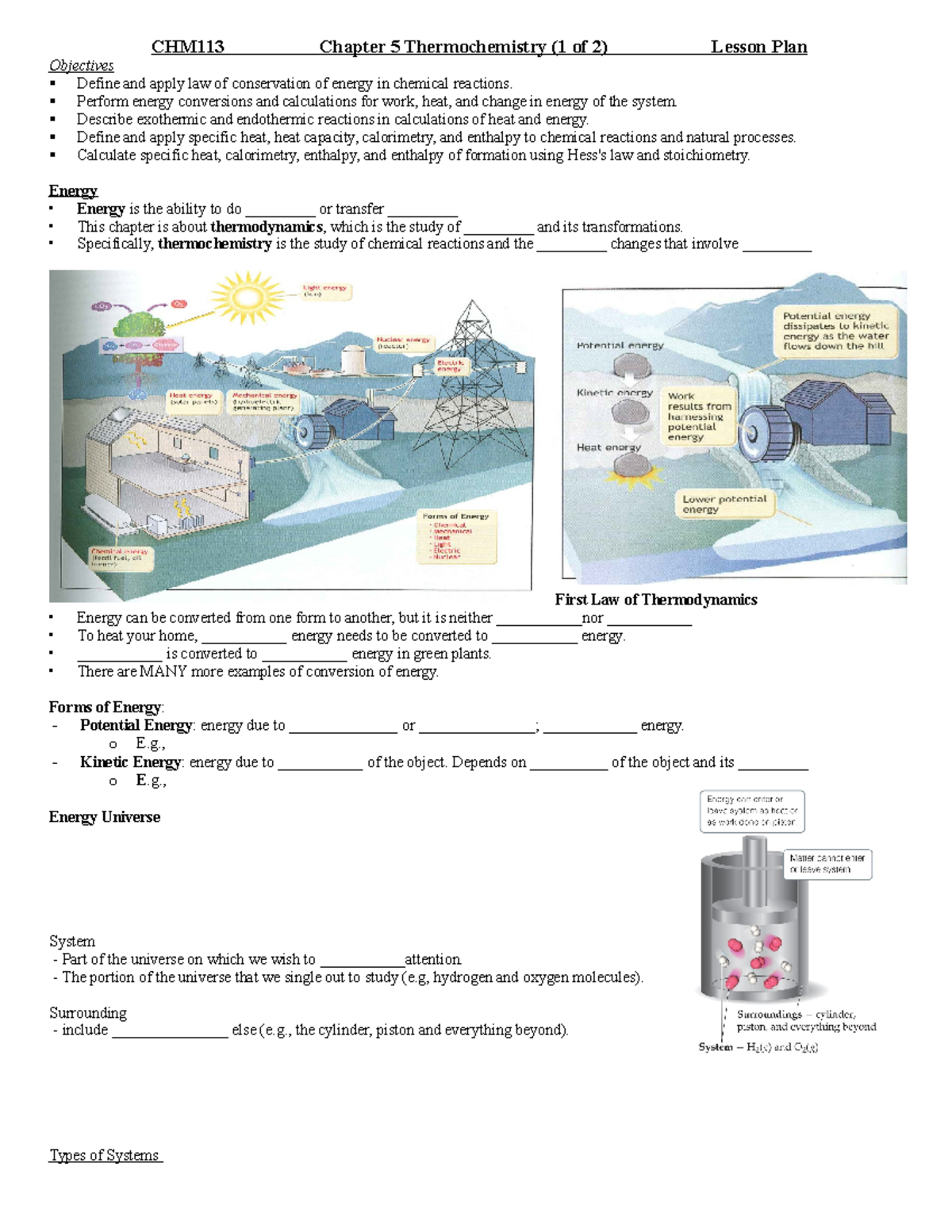 Ch 5 Lesson Plan FA2020 - CHM113 Chapter 5 Thermochemistry (1 of 2 ...