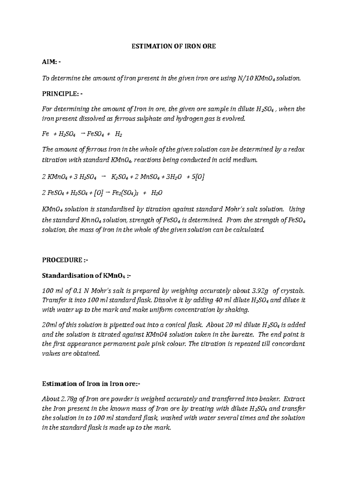 Estimation of Iron Content in Ore - Experiment No. 1 - Studocu