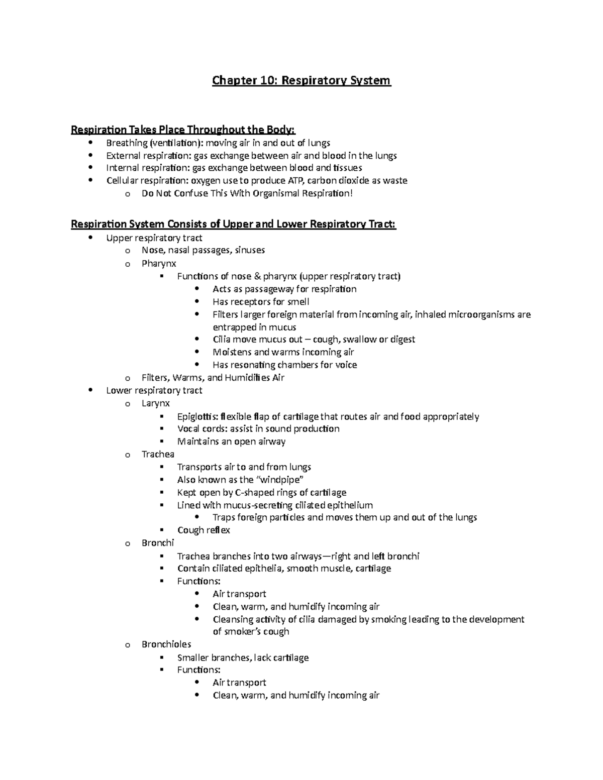 Chapter 10 Respiratory System - Chapter 10: Respiratory System Respiration Takes Place ...