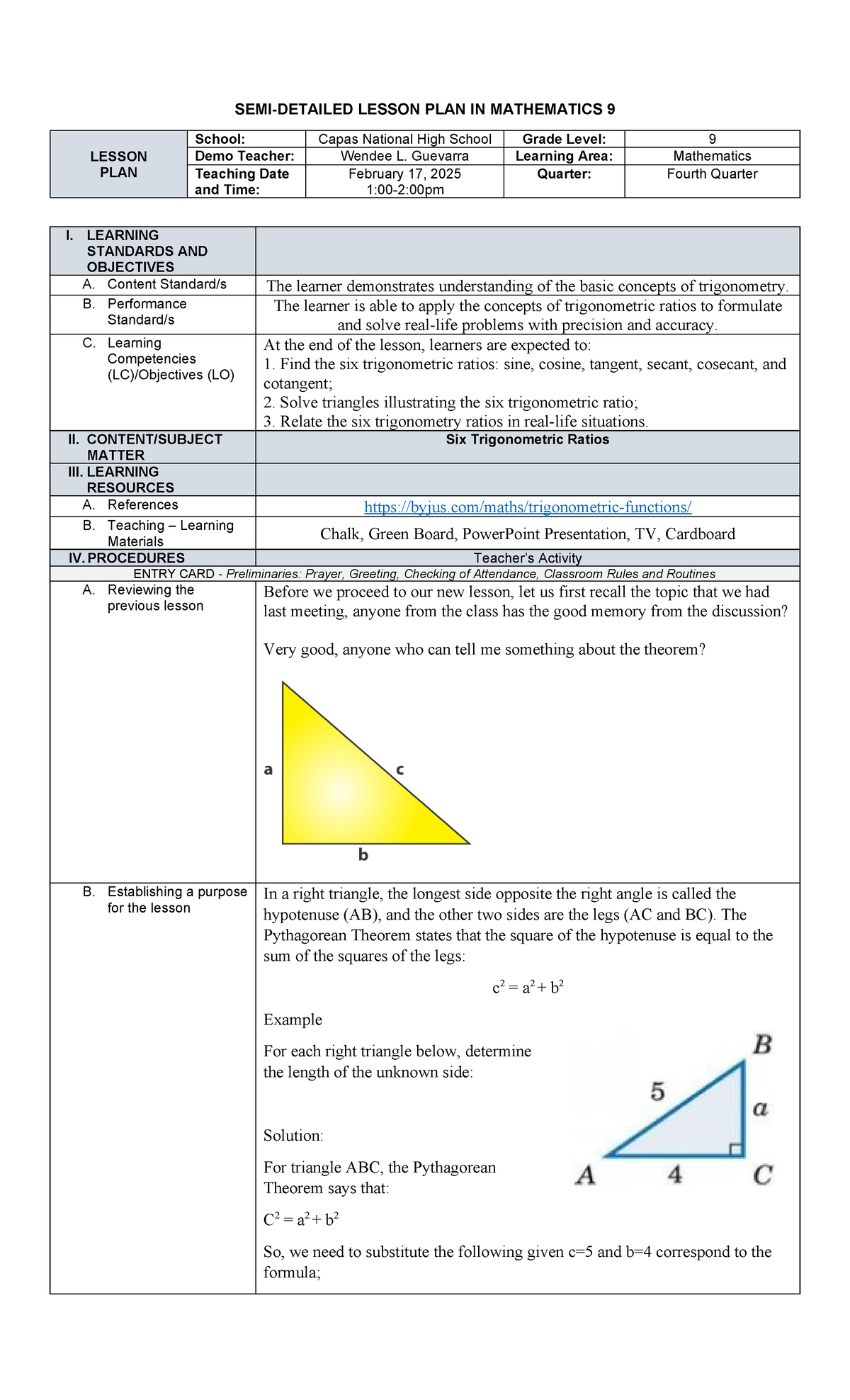 DLP-DEMO: Lesson Plan on Trigonometric Ratios for Grade 9 Math - Studocu