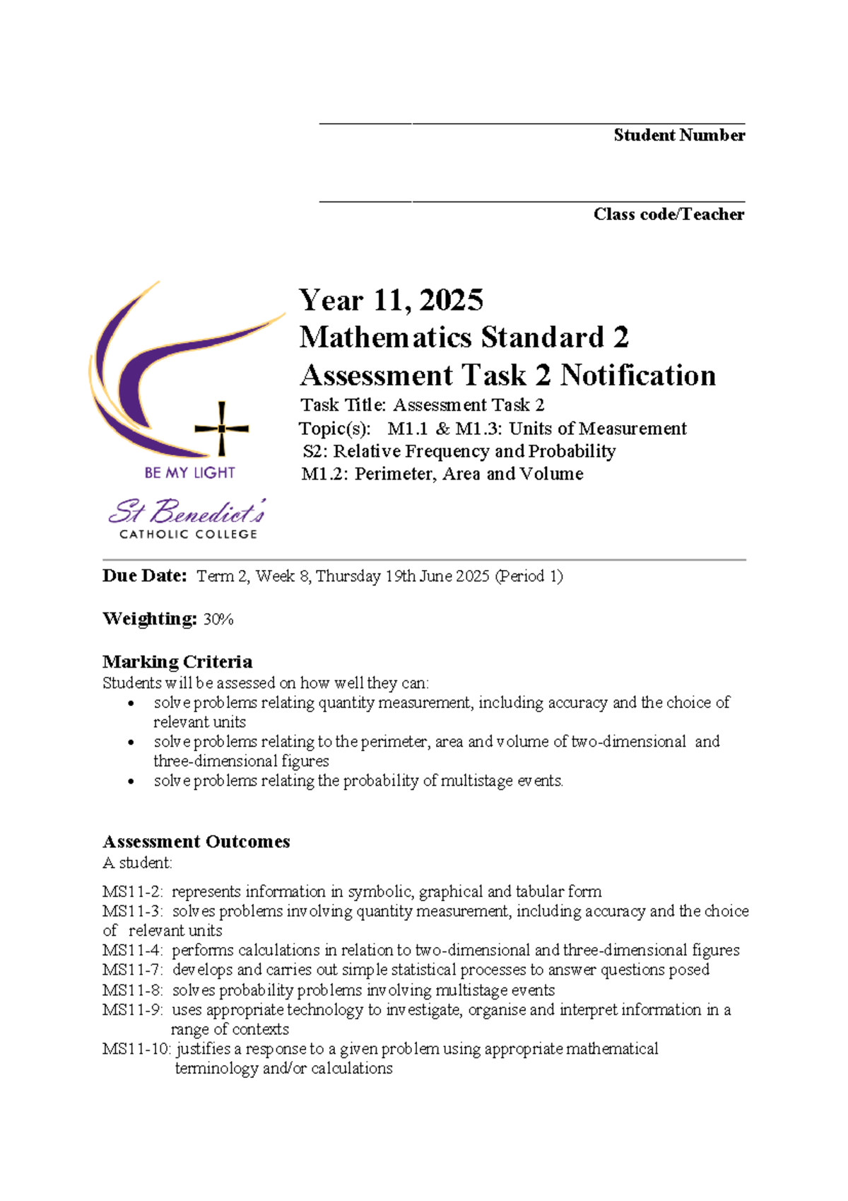 2025 11MS2 Mathematics Standard 2 Assessment Task 2 Overview - Studocu