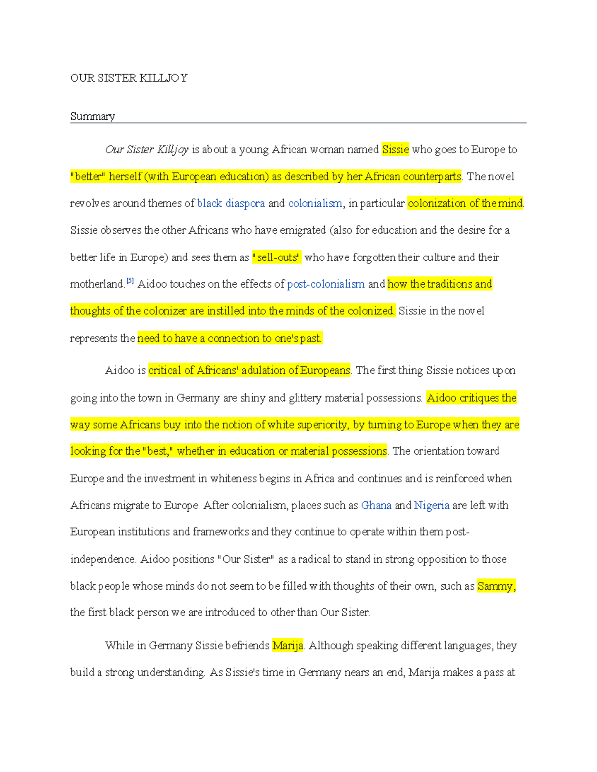 OUR Sister Killjoy - Summary for M.A. English Literature Course - Studocu