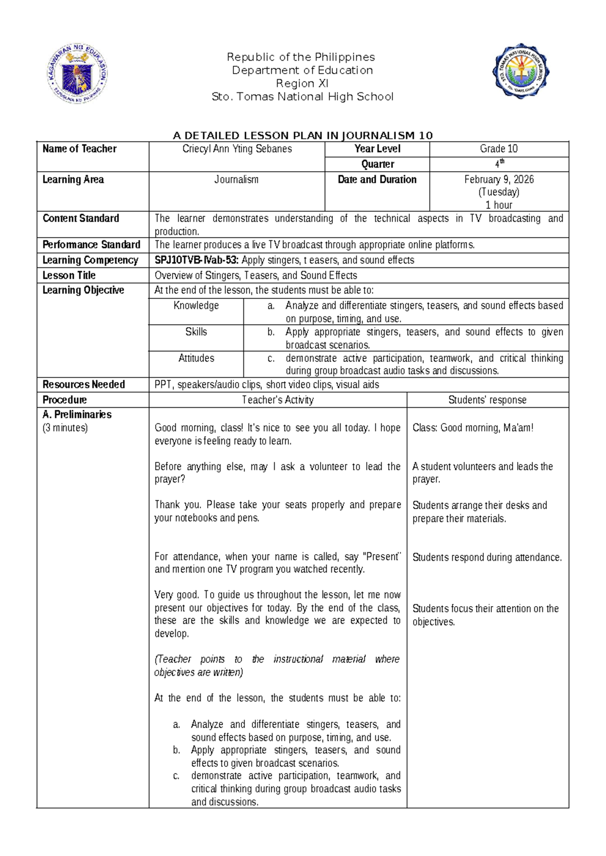 Detailed Lesson Plan in Journalism 10: Audio Tools for TV Broadcasting ...