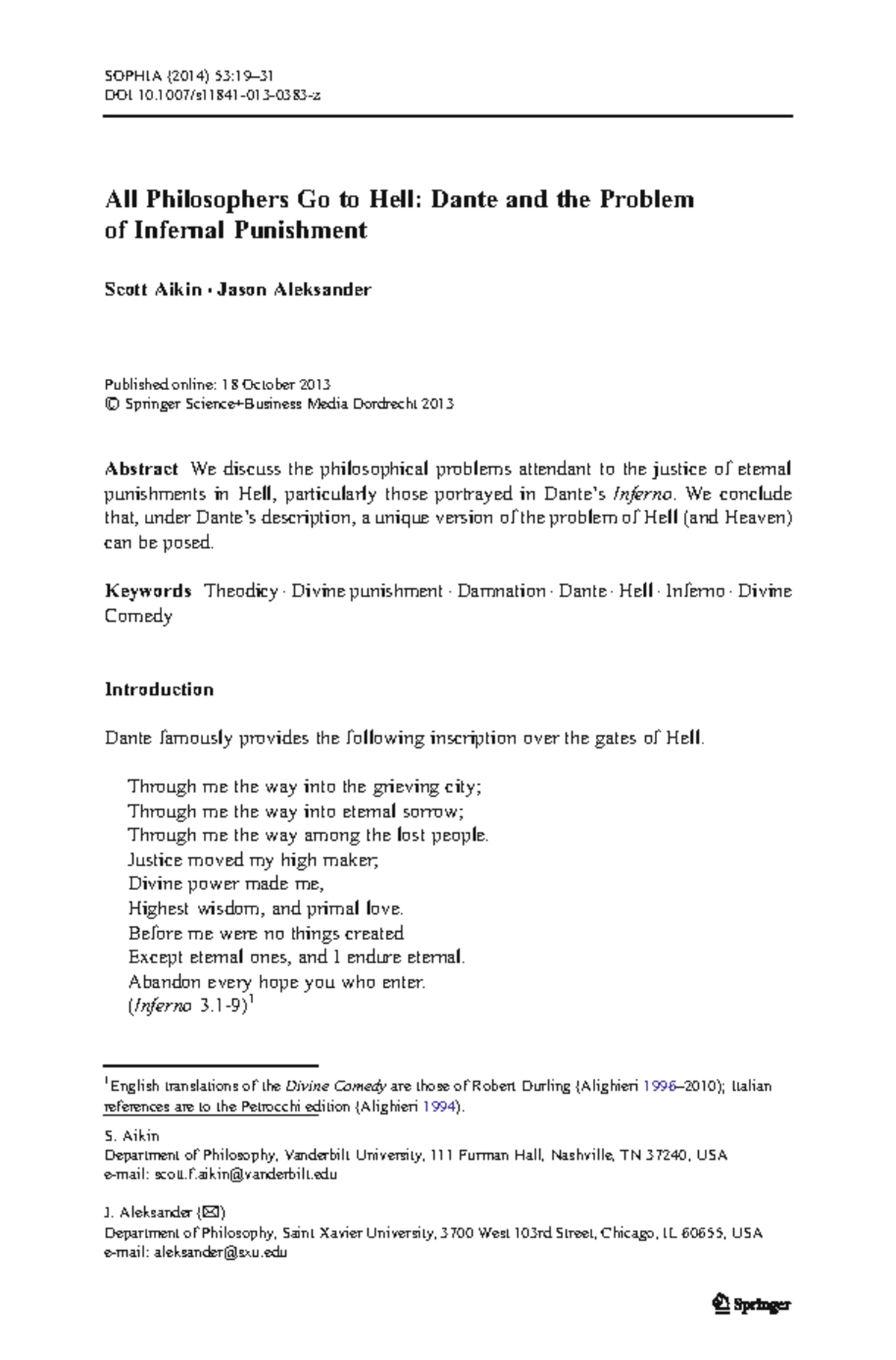 All Philosophers Go to Hell: Dante's Inferno and Eternal Punishment Issues - All Philosophers Go ...