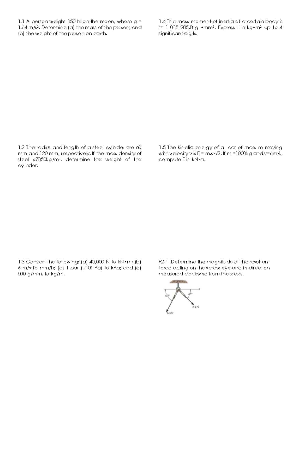 Problem Set 1 - Static Analysis and Force Resolution - Studocu