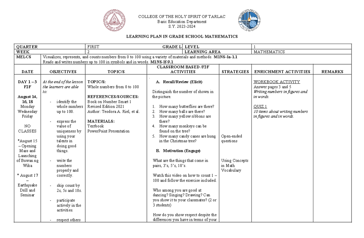 Q1 MATH 1 - Lesson Plans for Weeks 2 & 3 in Grade 1 Math - Studocu