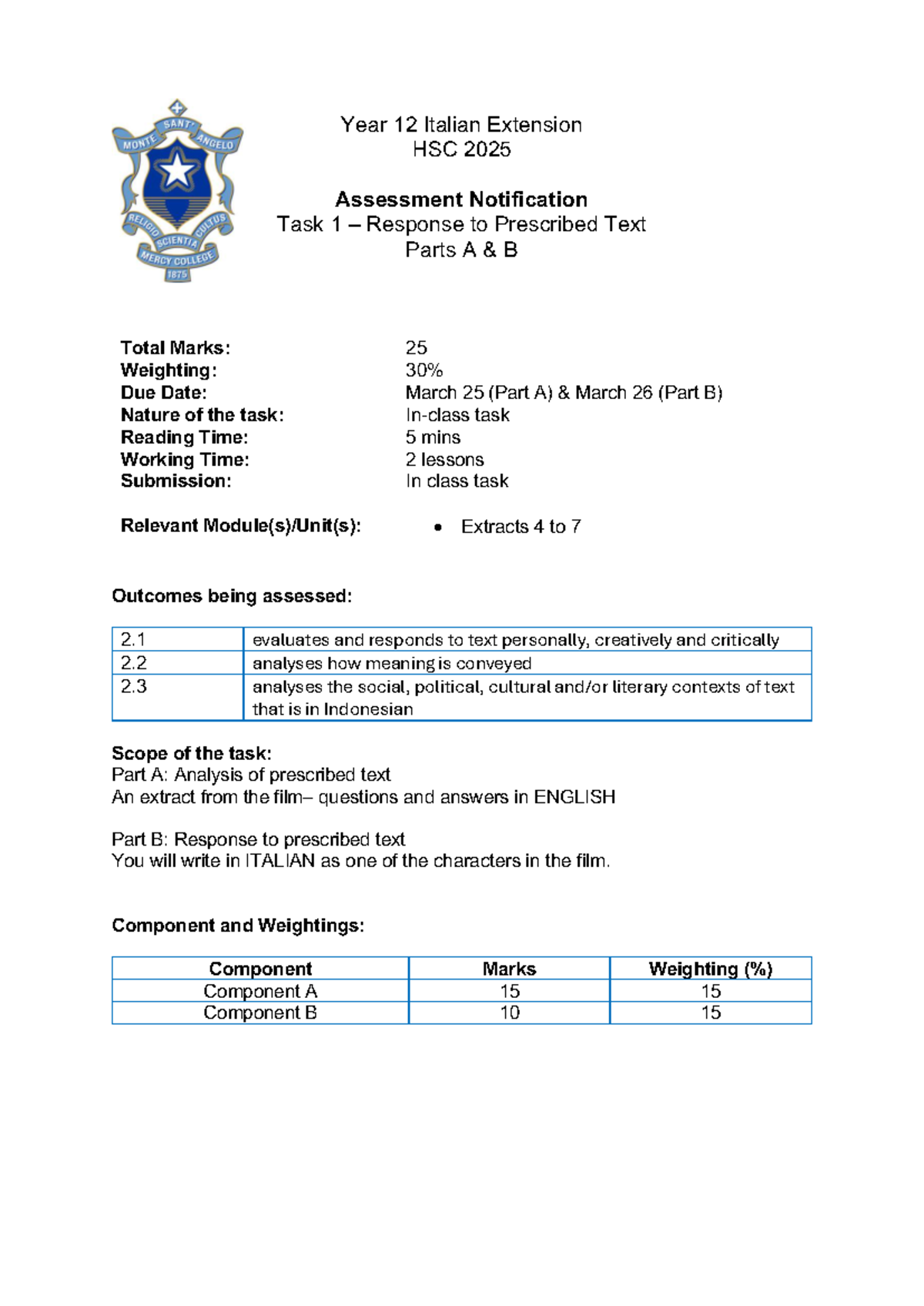 12 HSC Extension Italian Assessment Notification 2025 Task 1 Details ...
