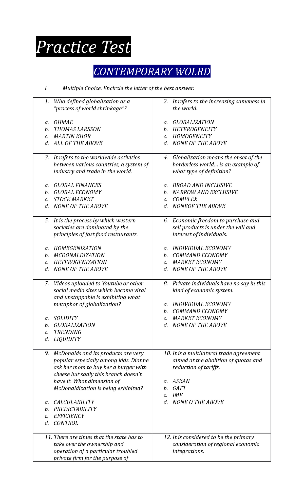 Contemporary World Quiz: Test Your Knowledge on Globalization Concepts ...