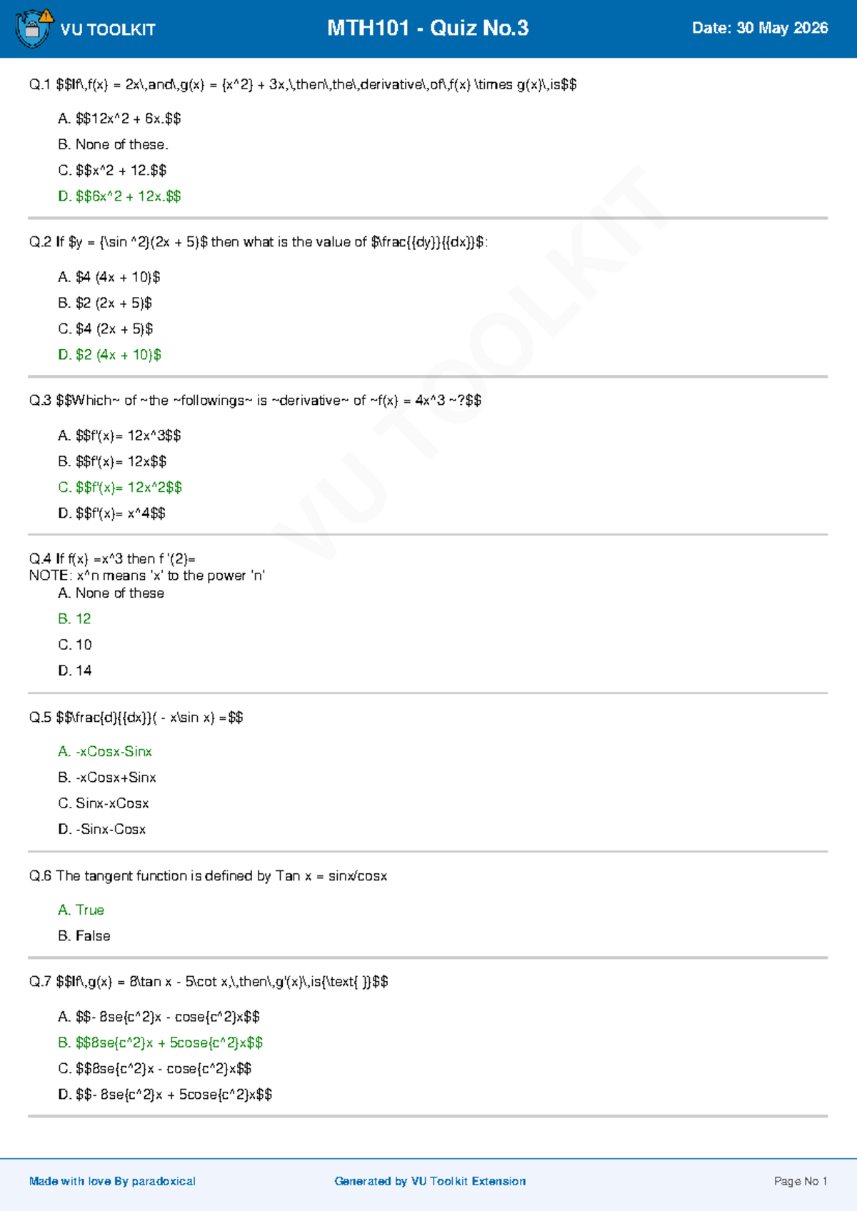 MTH101 Quiz No.3 - VU Toolkit (30 May 2026) - Studocu