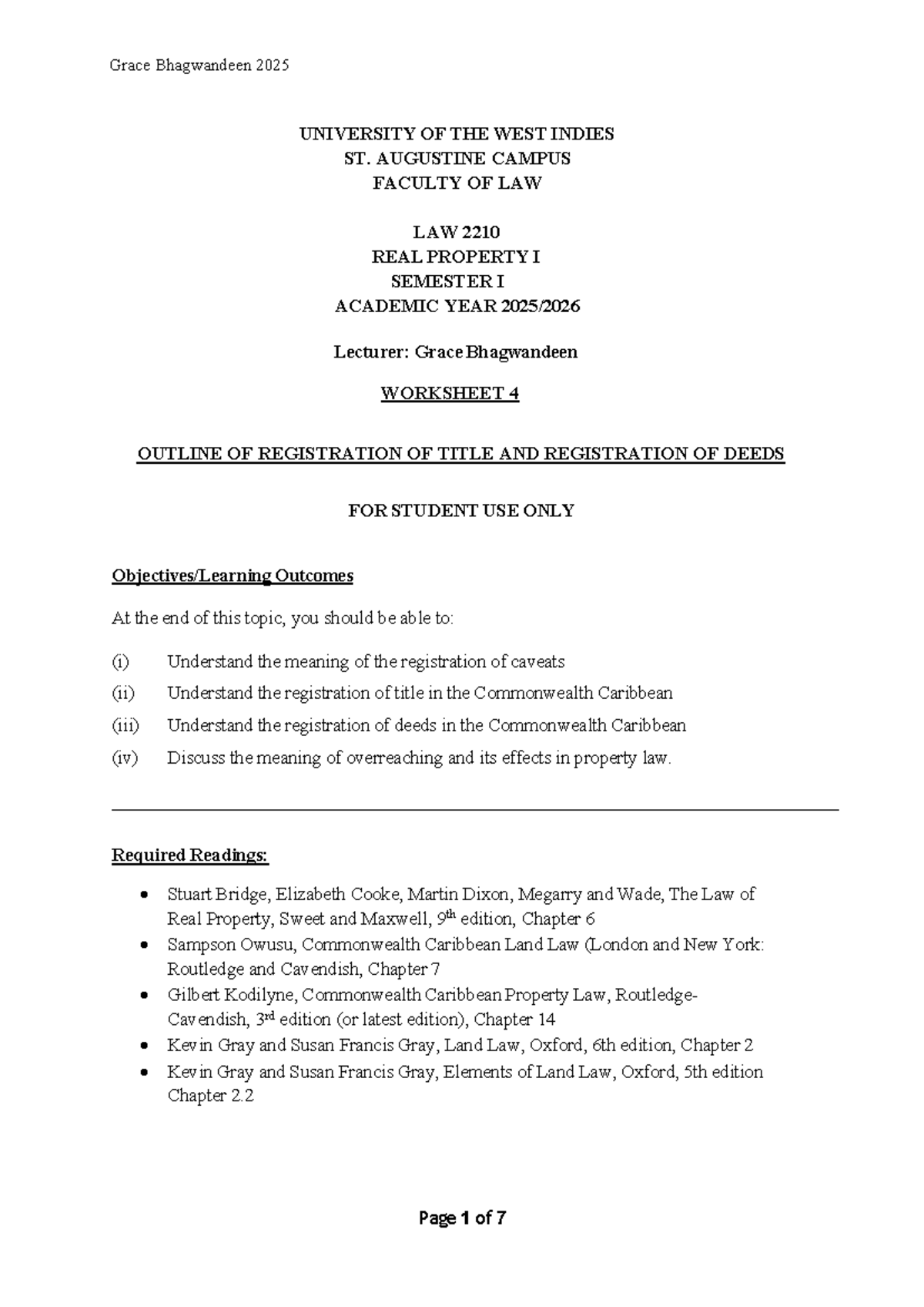 LAW 2210 Real Property I - Worksheet 4: Registration of Title & Deeds ...