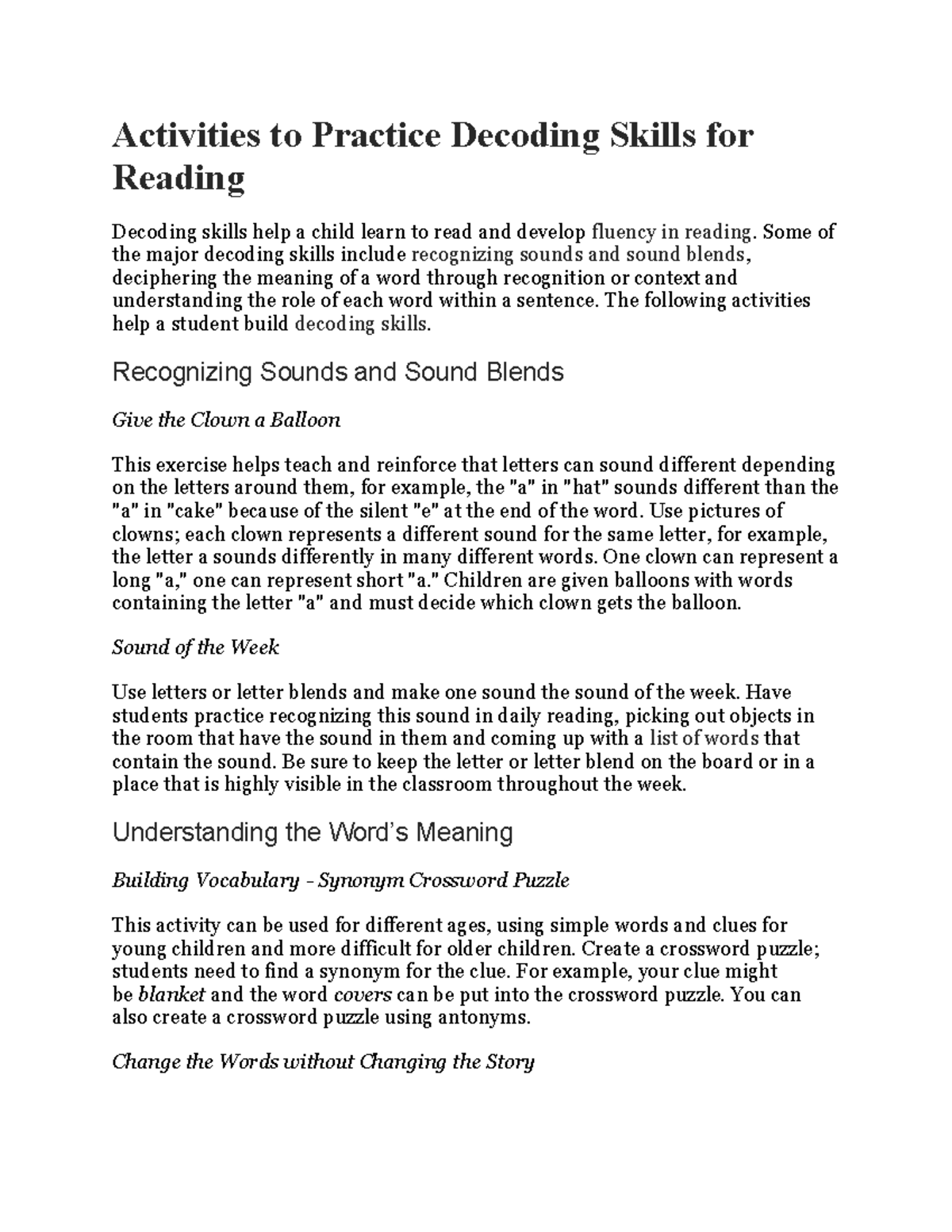 EDU 101: Activities for Practicing Decoding Skills in Reading - Studocu