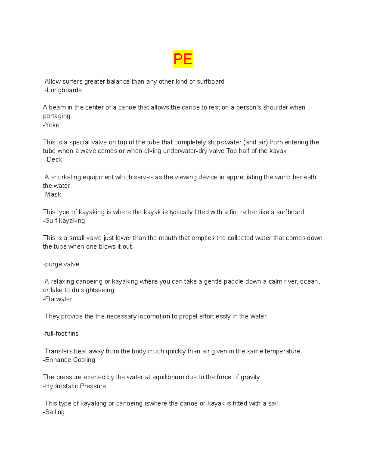 PE Exam - Surfboard Types and Aquatic Activities Overview - Studocu