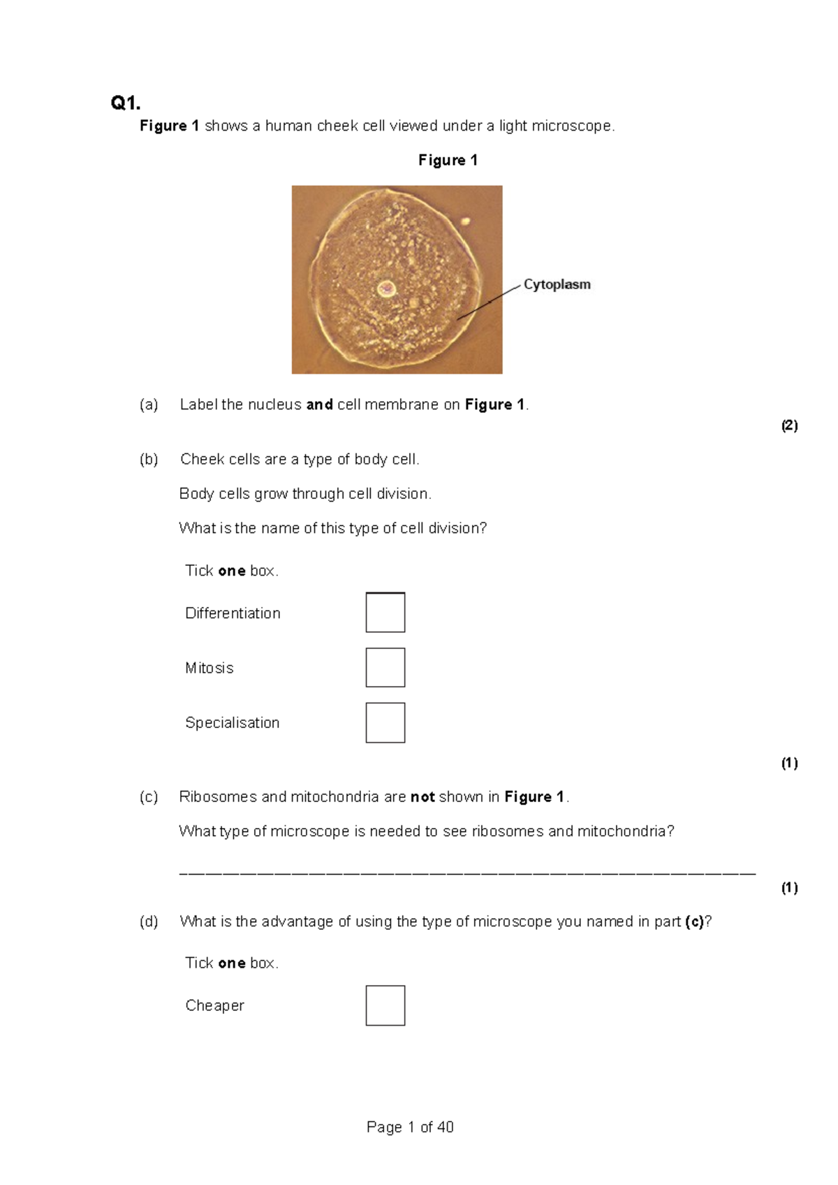 GCSE Biology RP Booklet Questions - Mark Scheme - Studocu
